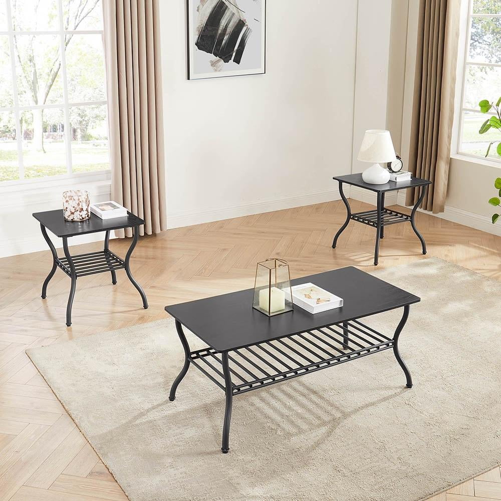 Lisonu 3-Piece Modern Coffee Table Set with 2 Nesting End Tables, Black Rectangle Living Room ...