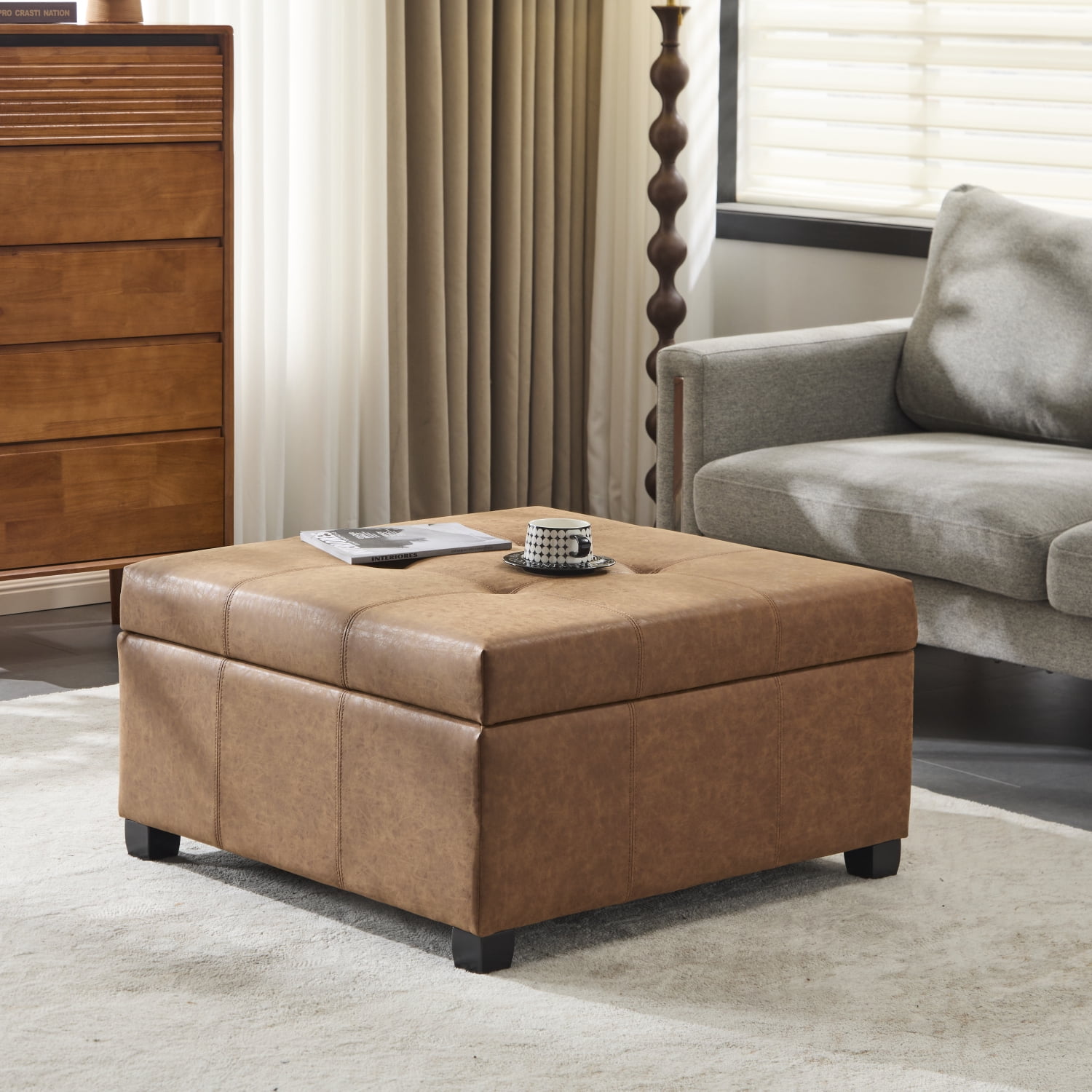 Lisonu 35" Square Brown Faux Leather Storage Ottoman - Lift-Top ...