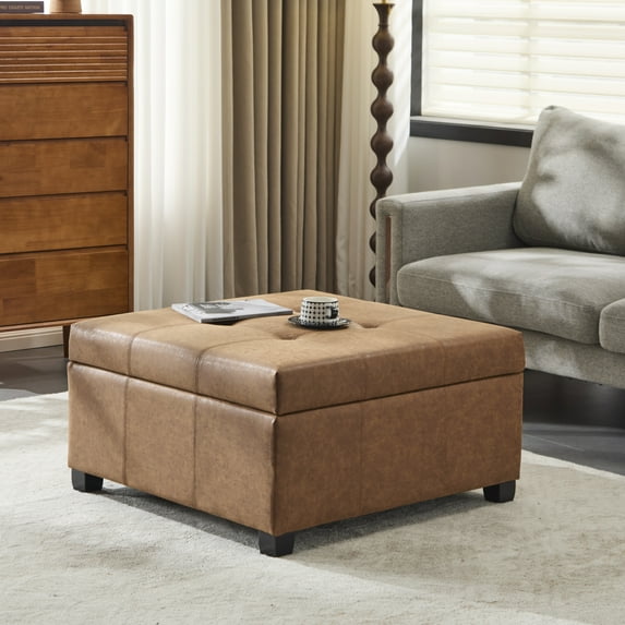 Lisonu 35" Square Brown Faux Leather Storage Ottoman - Lift-Top ...