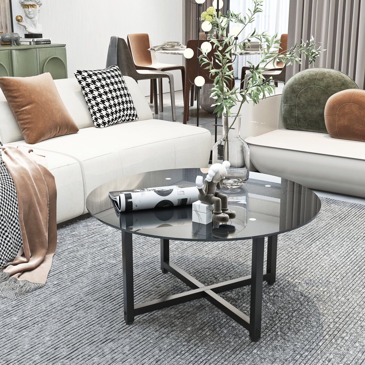 Lisonu 36-Inch Round Coffee Table, Modern Center Table with Smoked ...
