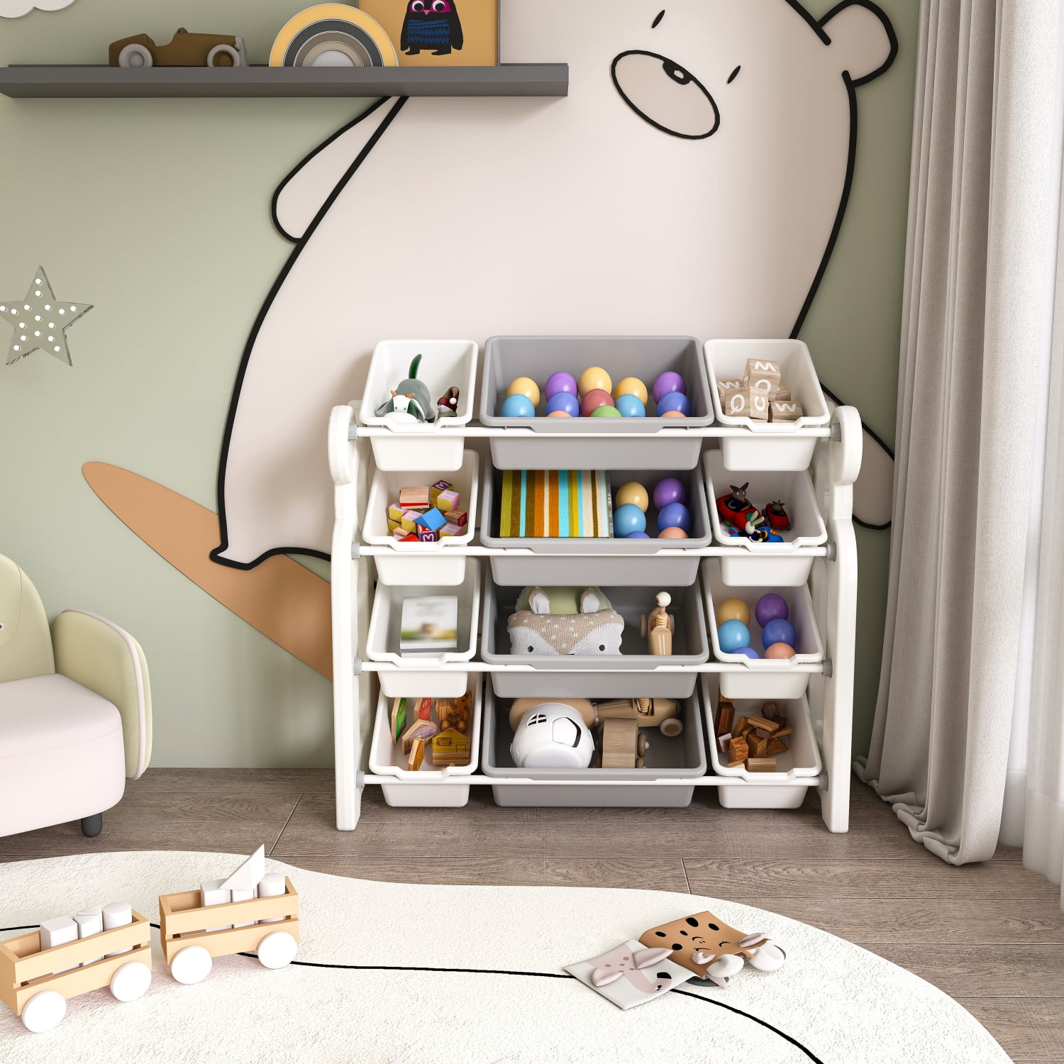 Lisonu 4-Tier Storage Organizer with 12 Bins, Large Multi-Bin Cabinet ...