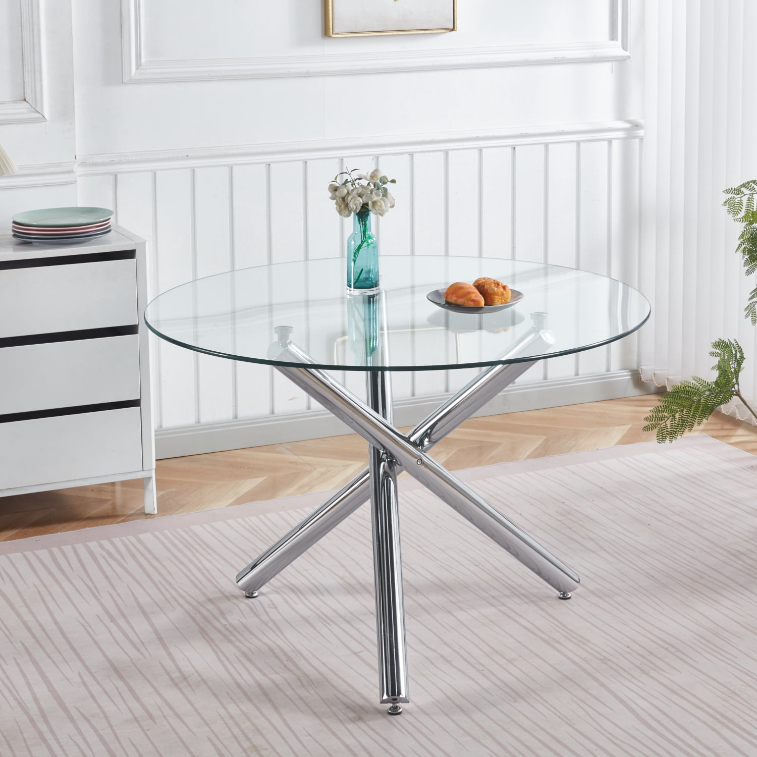 Lisonu 43" Modern Square Glass Dining Table, Kitchen Table with Chrome ...