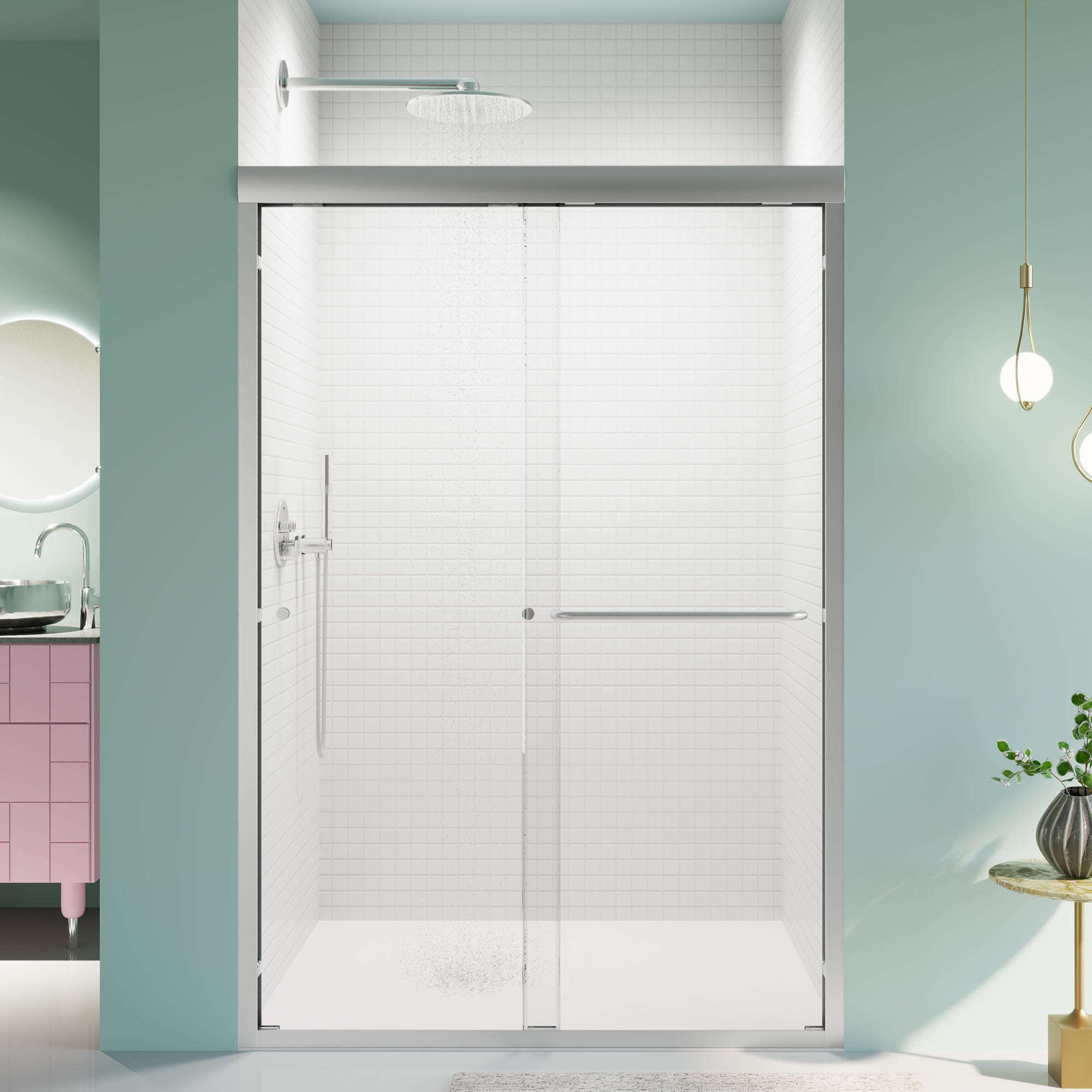 Lisonu 44-48"W x 72"H Semi-Frameless Double Sliding Shower Door, Bypass Tub Door with 1/4 ...