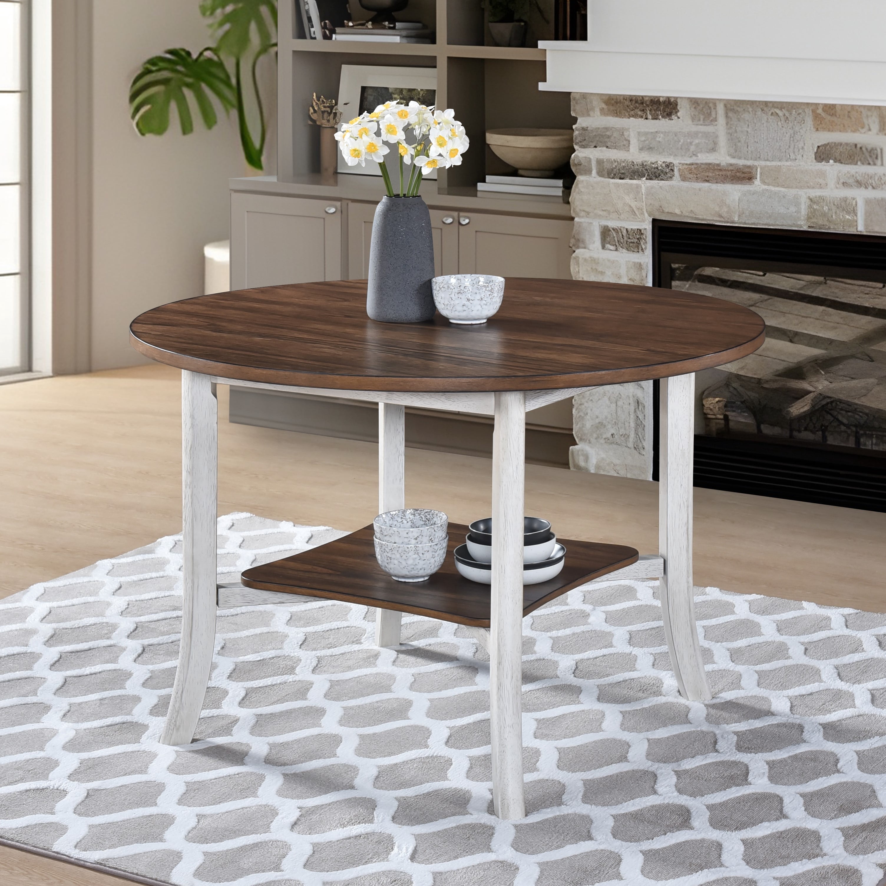 Lisonu 46" Round Dining Table with Storage Shelf, Modern Farmhouse ...