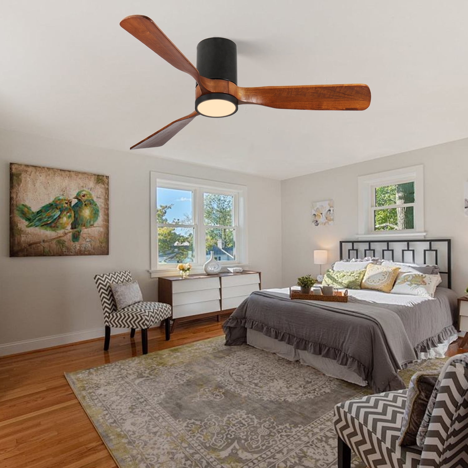 Lisonu 52 Inch Flush Mount Ceiling Fan with LED Light, Indoor/Outdoor 6 ...