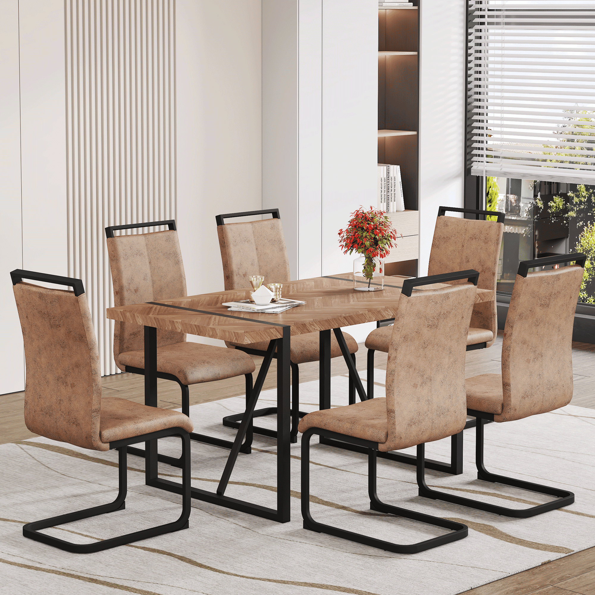 Lisonu 7-Piece Dining Set, Wood Color Fishbone Table with Black Metal ...