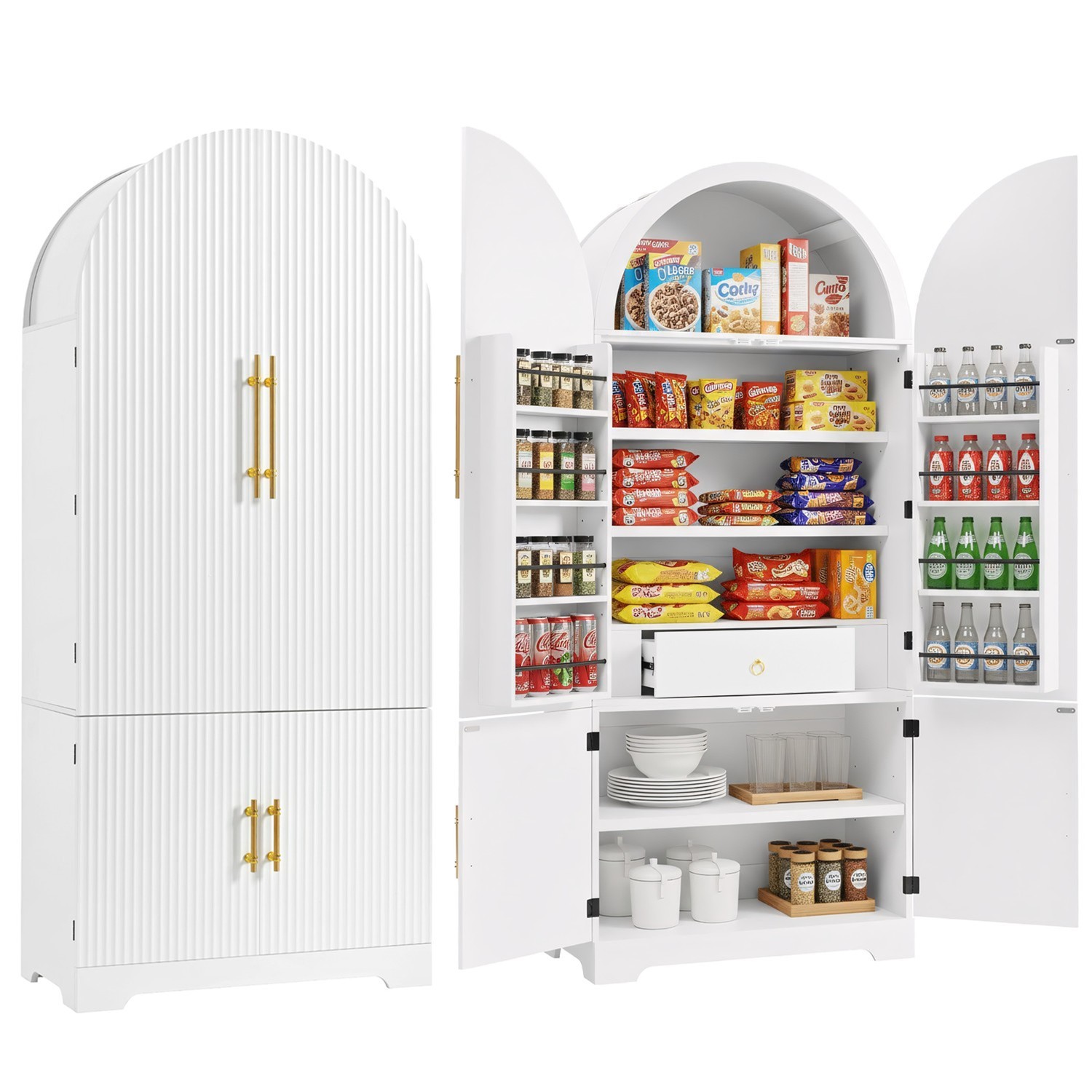 Lisonu 72" Arched Kitchen Pantry Cabinet, White Fluted Storage ...