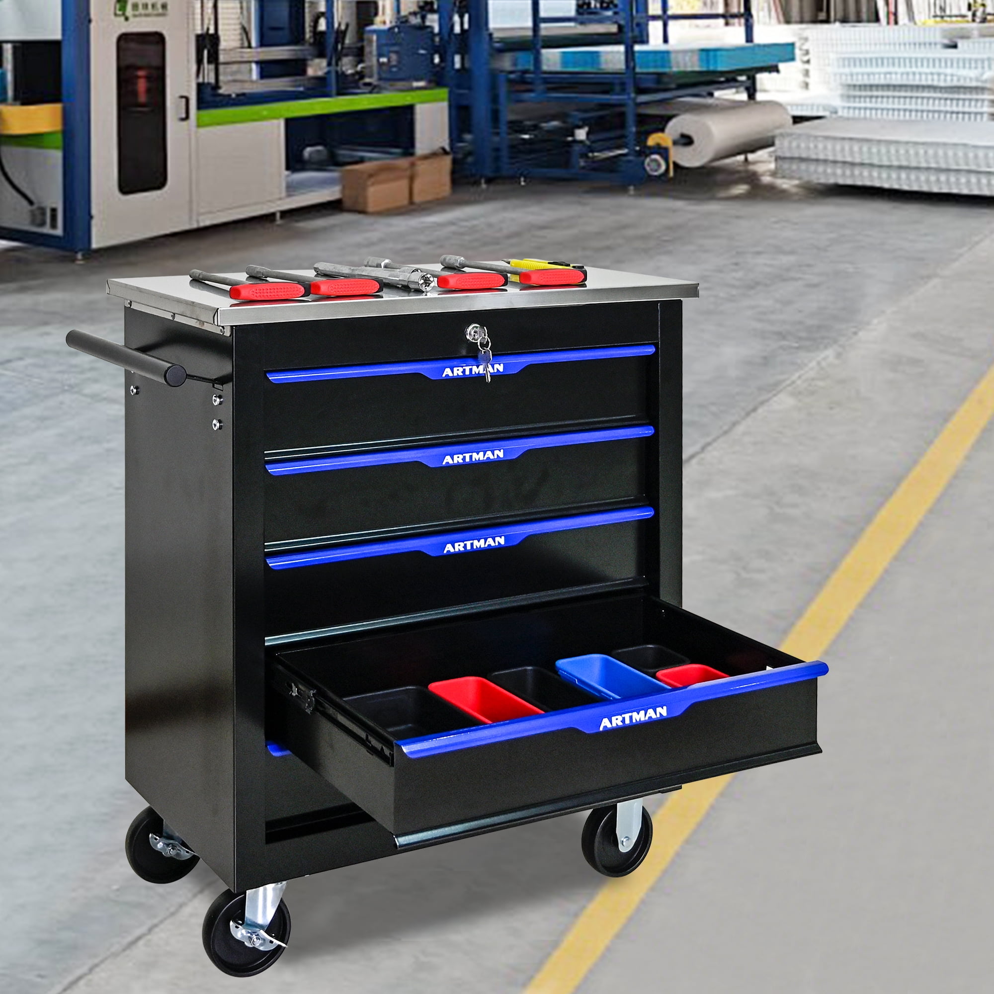 Lisonu Black & Blue 5-Drawer Rolling Tool Trolley, Mobile Workshop ...