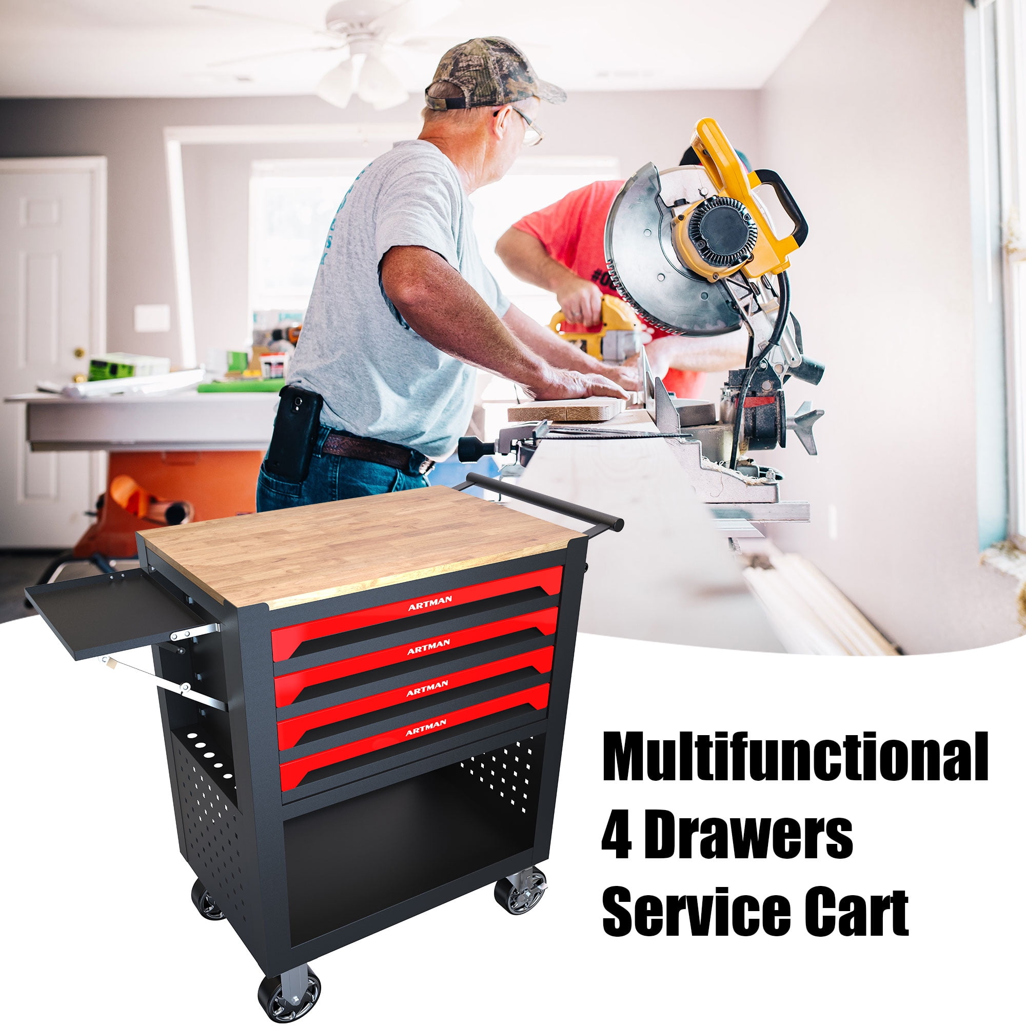 Lisonu Black & Red Heavy Duty Rolling Tool Cart, 4-Drawer Mobile ...