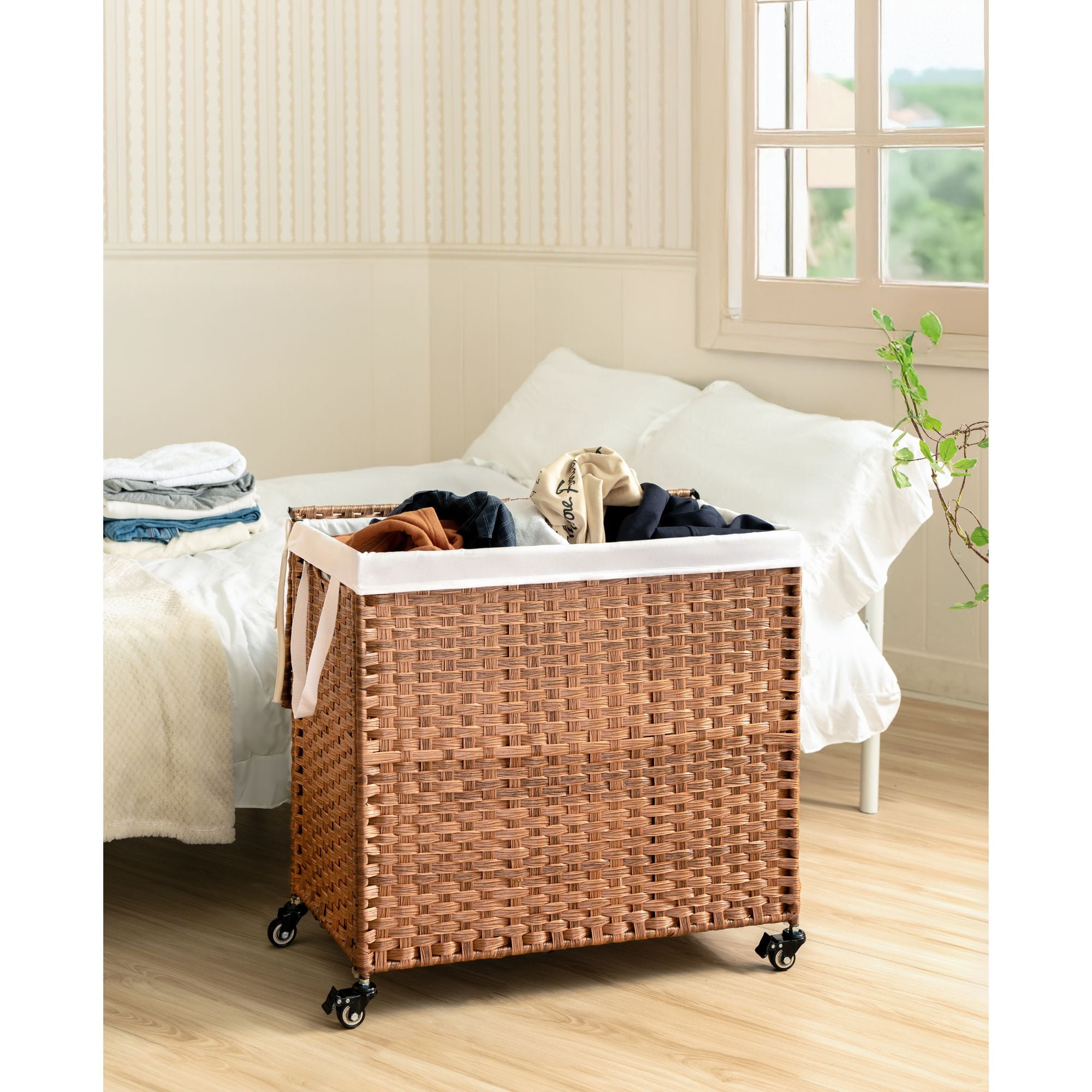 Lisonu Brown Wicker Laundry Hamper with Lid, 160L Rolling Clothes ...