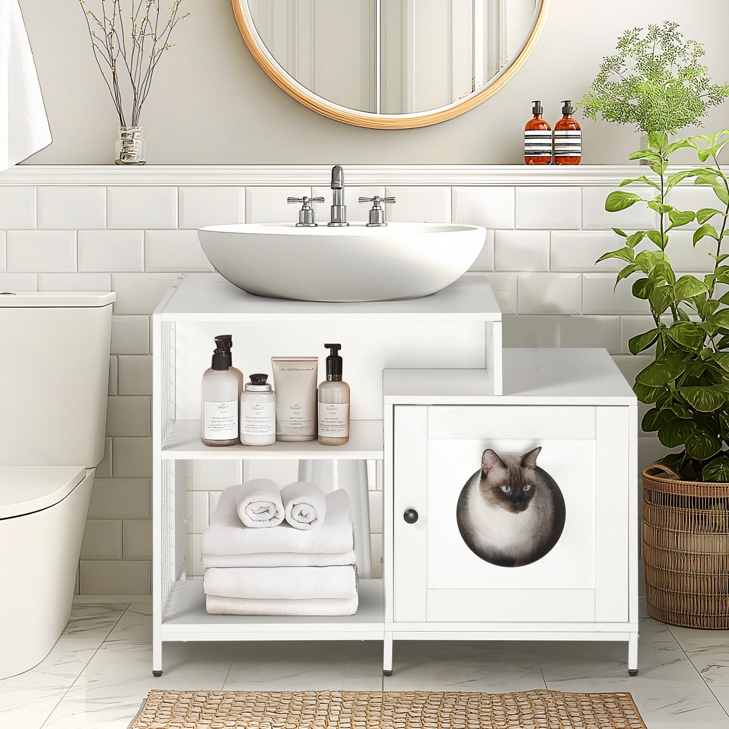 Lisonu Cat Litter Box Enclosure with Storage, White Hidden Litter ...