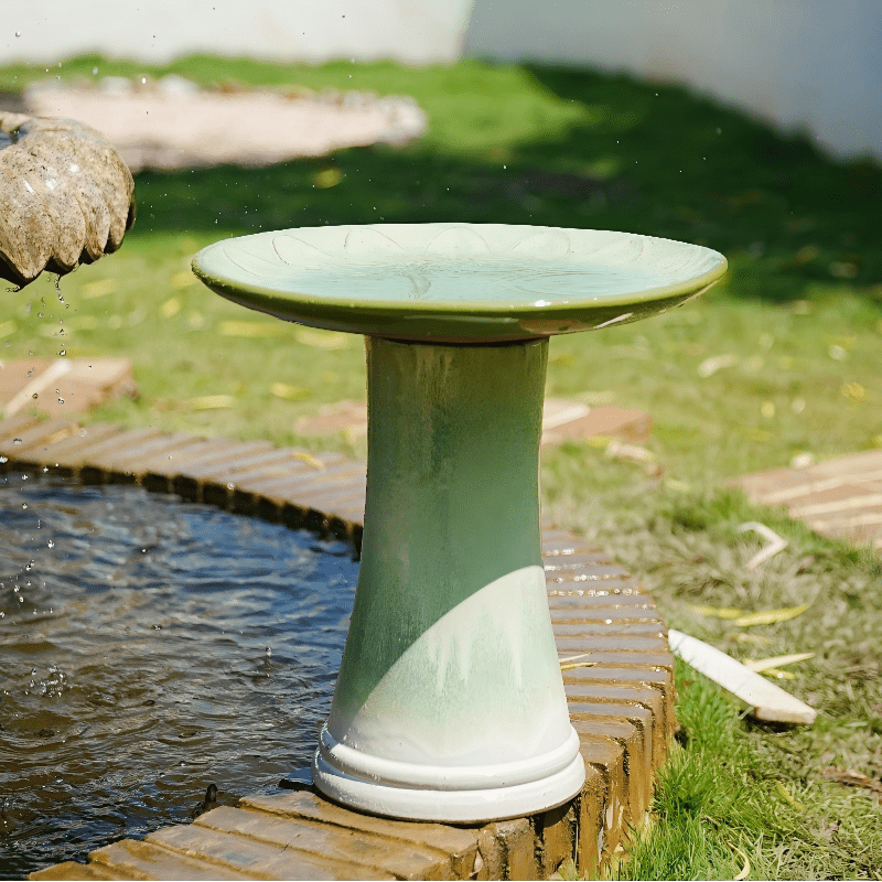 Lisonu Ceramic Bird Bath Outdoor, 17" Green Gradient Glaze Garden Water ...