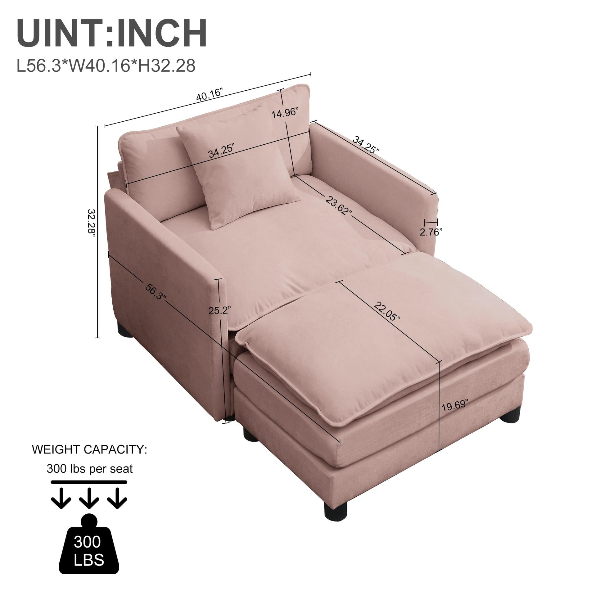 Lisonu Comfy Reading Chair and Ottoman Set, Pink Linen Fabric Accent ...