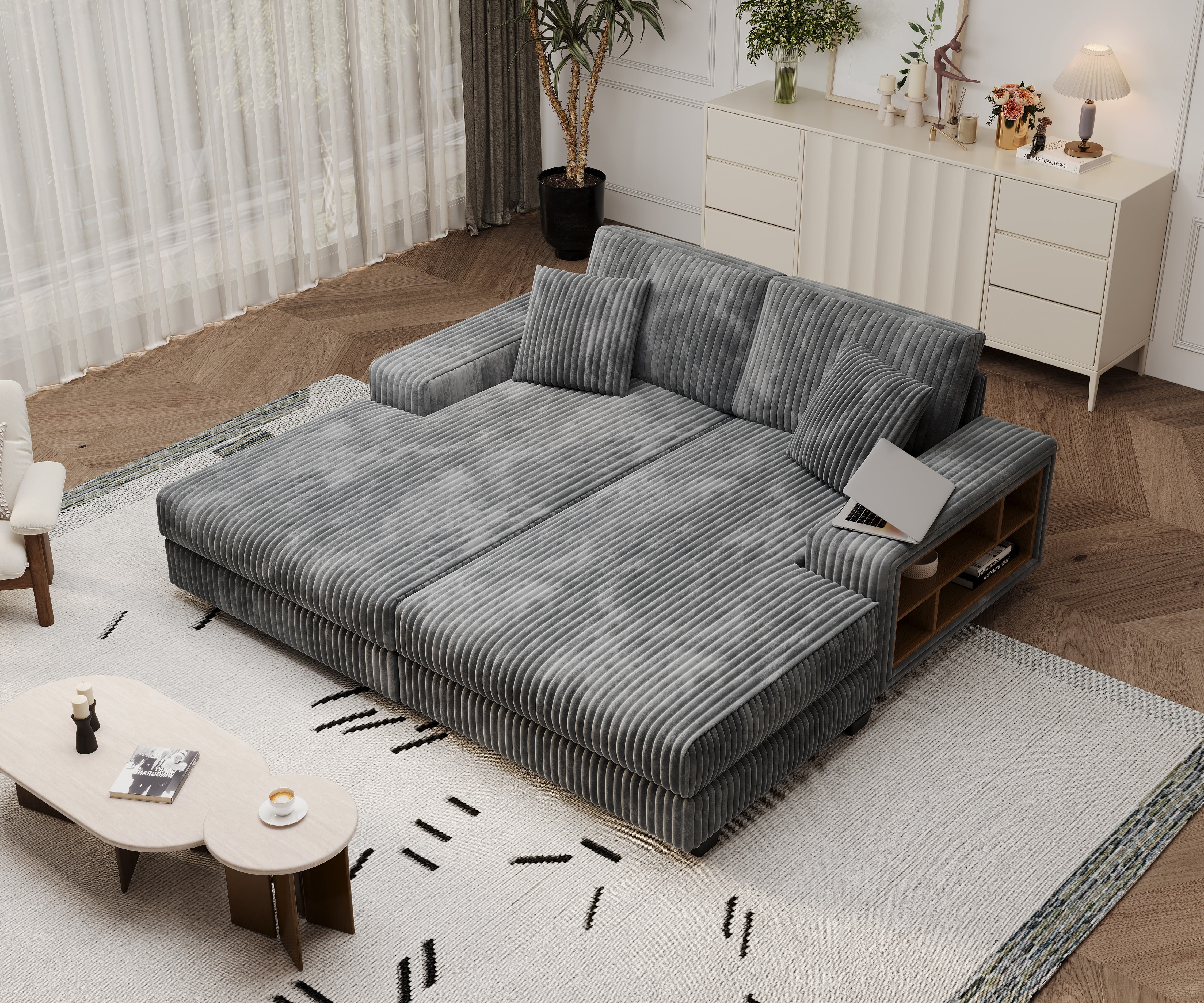 Lisonu Convertible Corduroy Sleeper Sofa, Modern 2-Seat Double Chaise ...