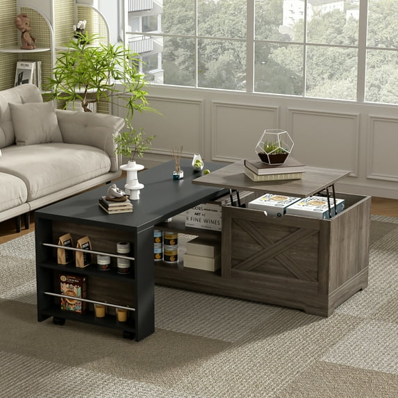 Lisonu Lift Top Coffee Table with Barn Doors & Hidden Storage ...