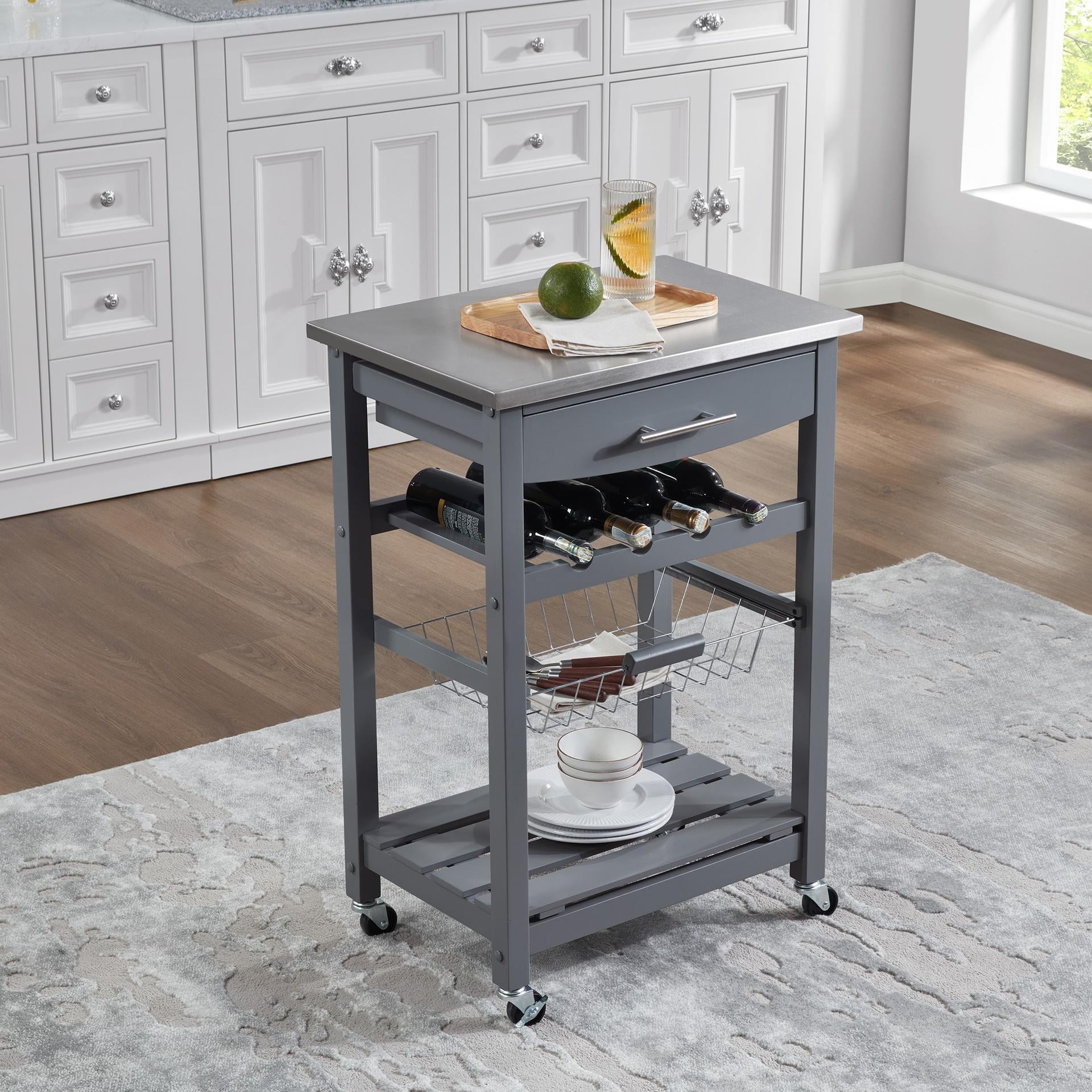 Lisonu Mobile Kitchen Island Cart with Stainless Steel Top - Grey ...