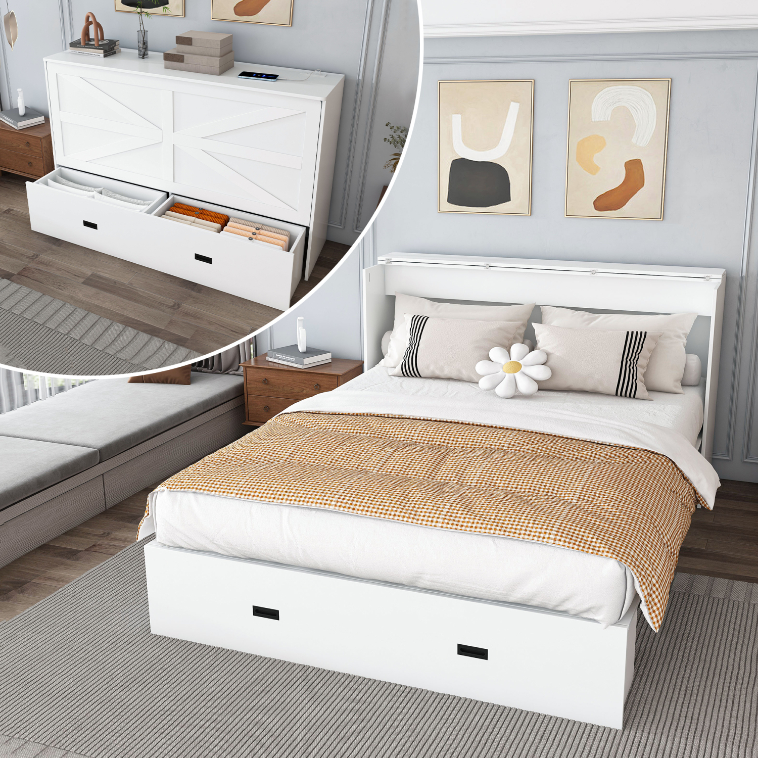 Lisonu Mobile Murphy Bed Chest with Charging Station, Full Size Folding ...