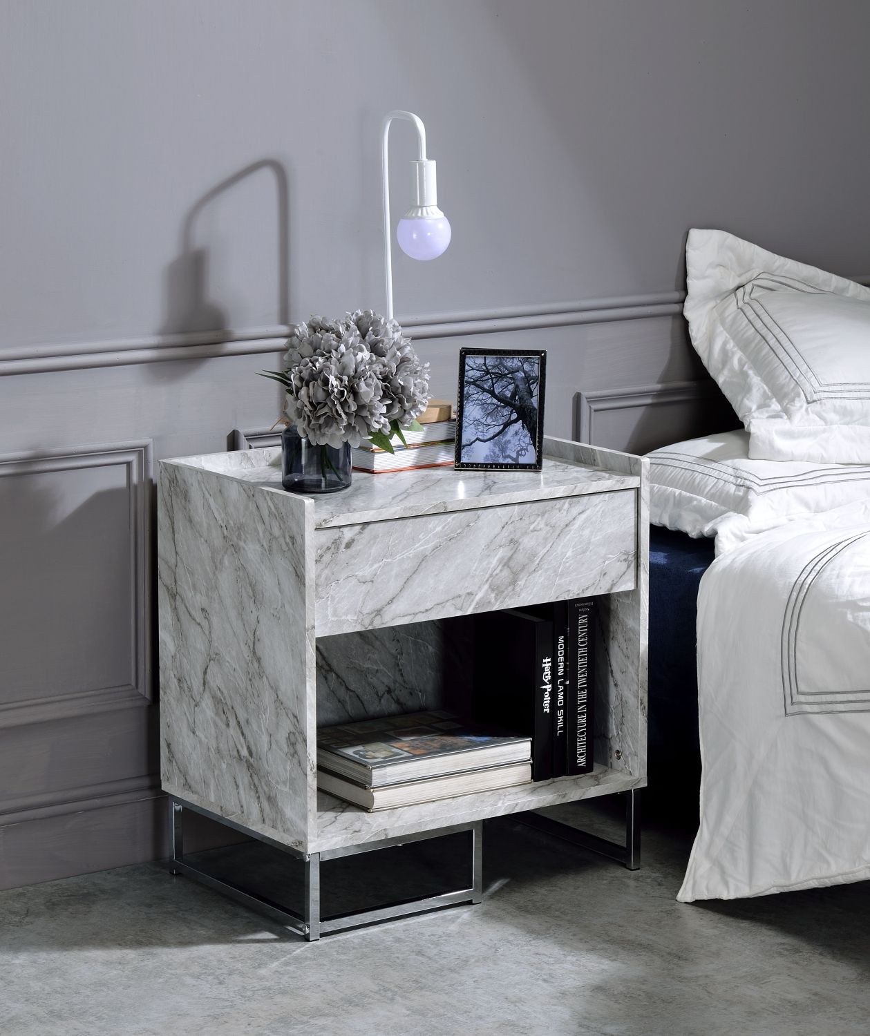 Lisonu Modern Accent Table, White Faux Marble End Table with Drawer and ...