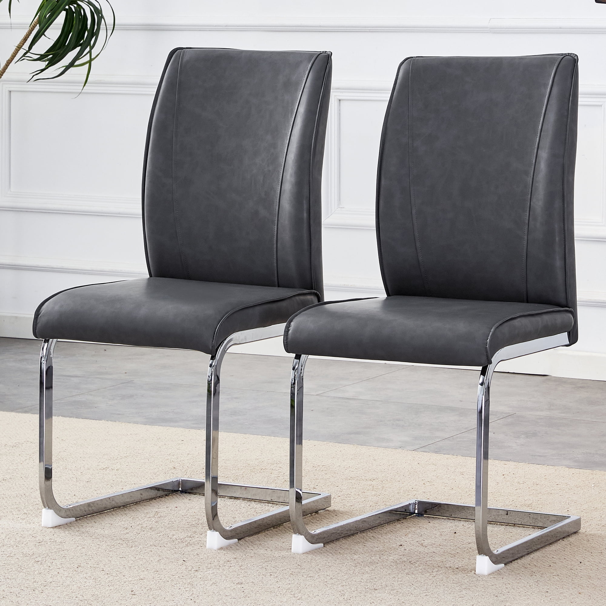Lisonu Modern Dining Chairs Set of 2, Dark Gray Textured PU Leather ...