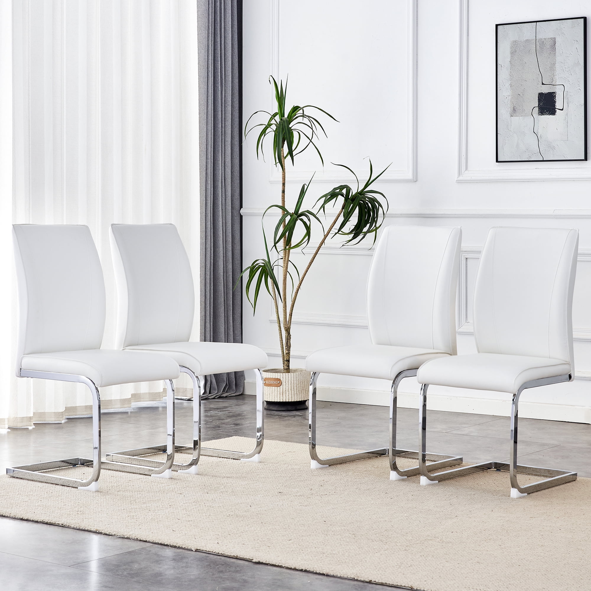 Lisonu Modern Dining Chairs Set of 4, White PU Leather Chairs with ...