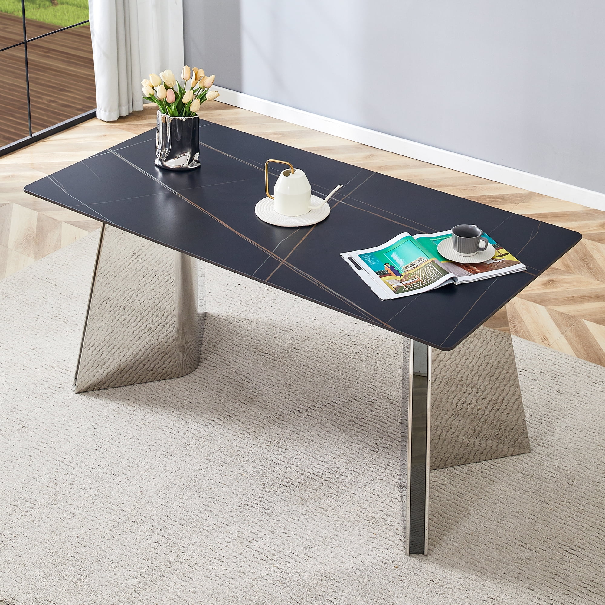 Lisonu Modern Dining Table, 63" Black Marble Pattern Sintered Stone Top ...
