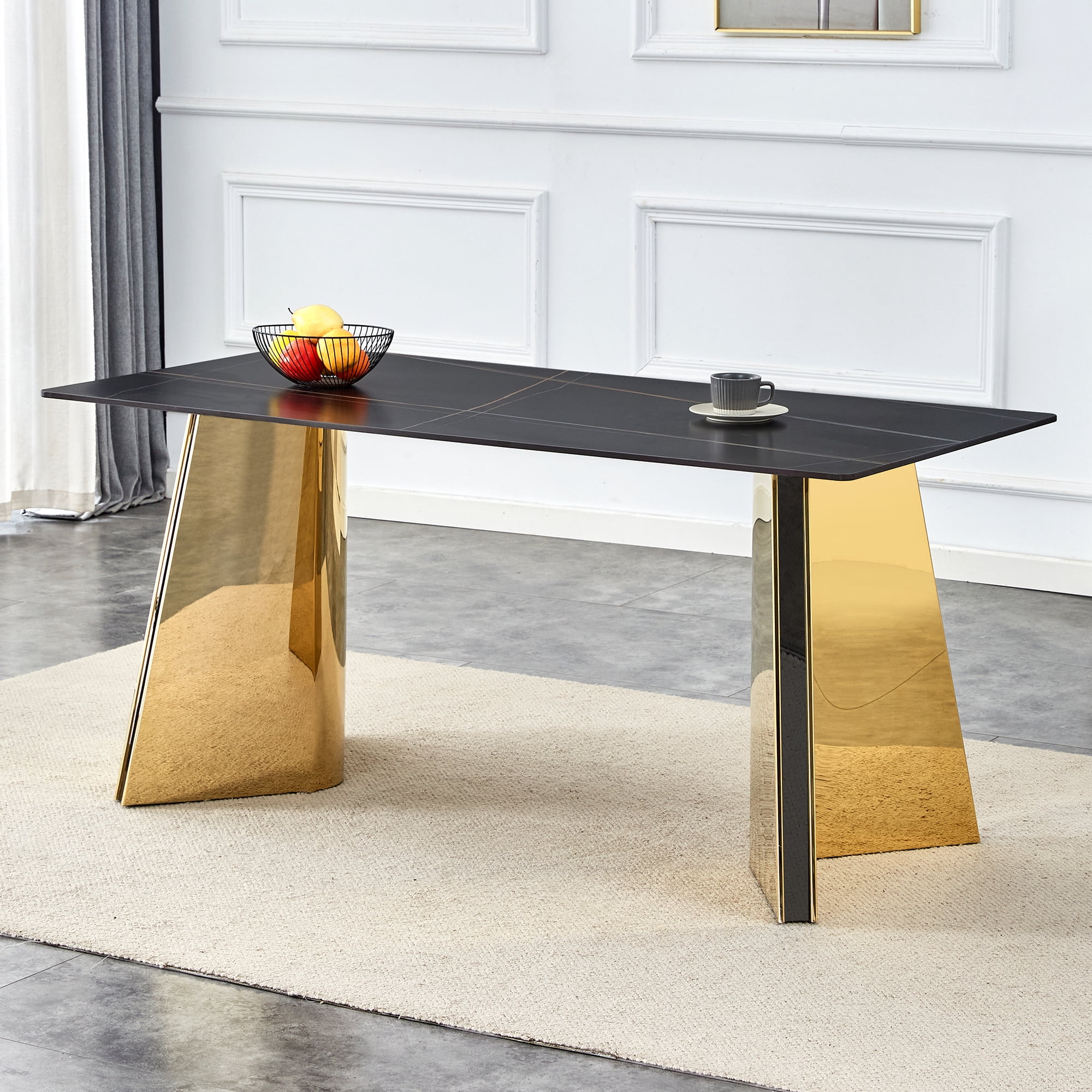 Lisonu Modern Dining Table, 63" Black Marble Sintered Stone Top with ...