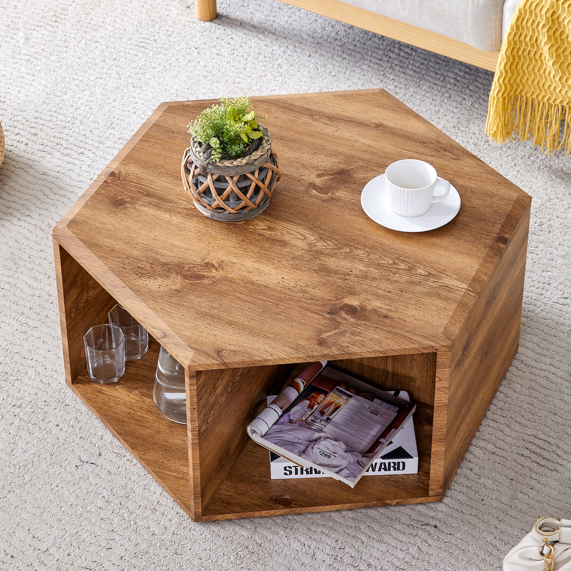 Lisonu Modern Hexagonal Coffee Table with Storage, Geometric MDF Center ...
