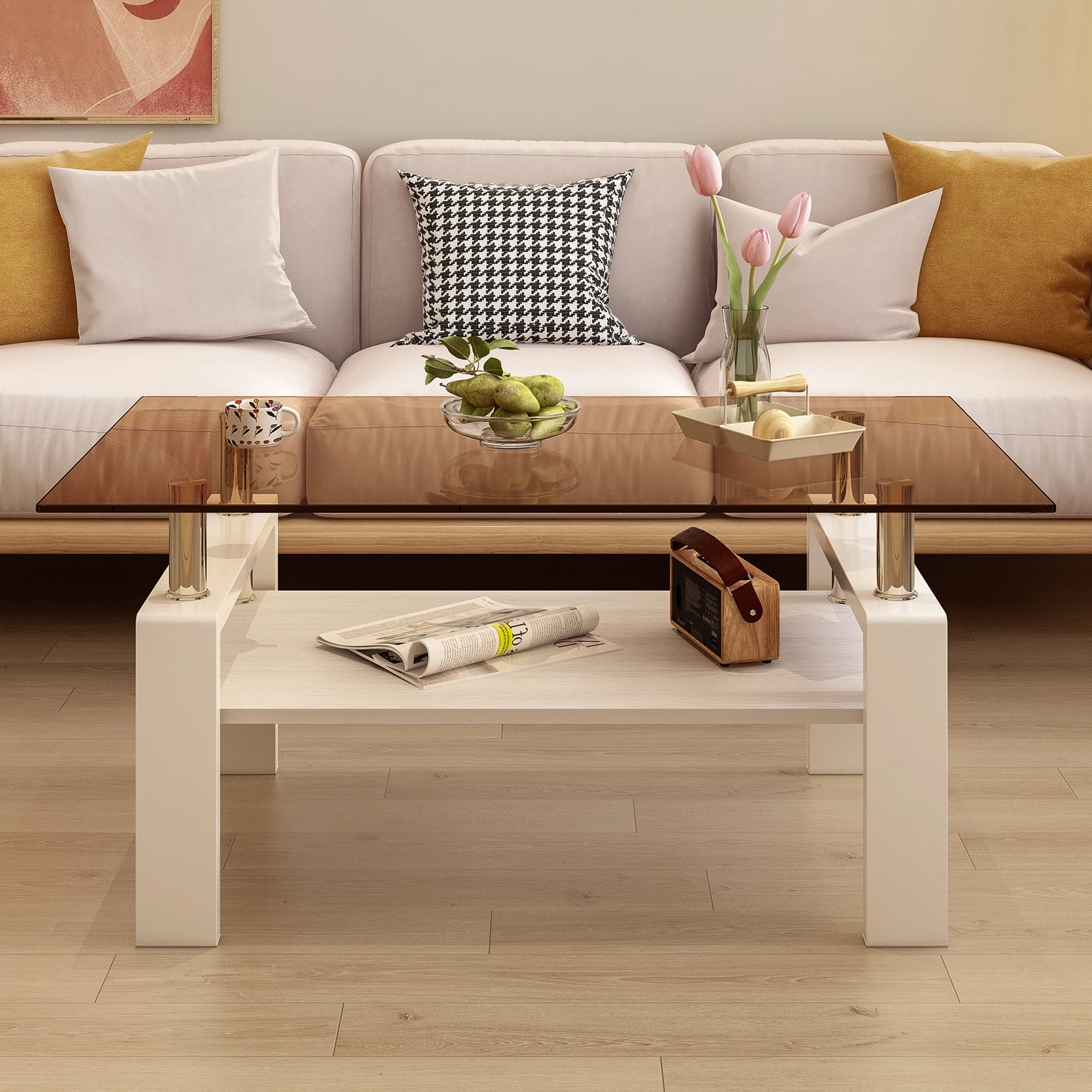 Lisonu Modern Rectangle Coffee Table with Storage, Brown Tempered Glass ...