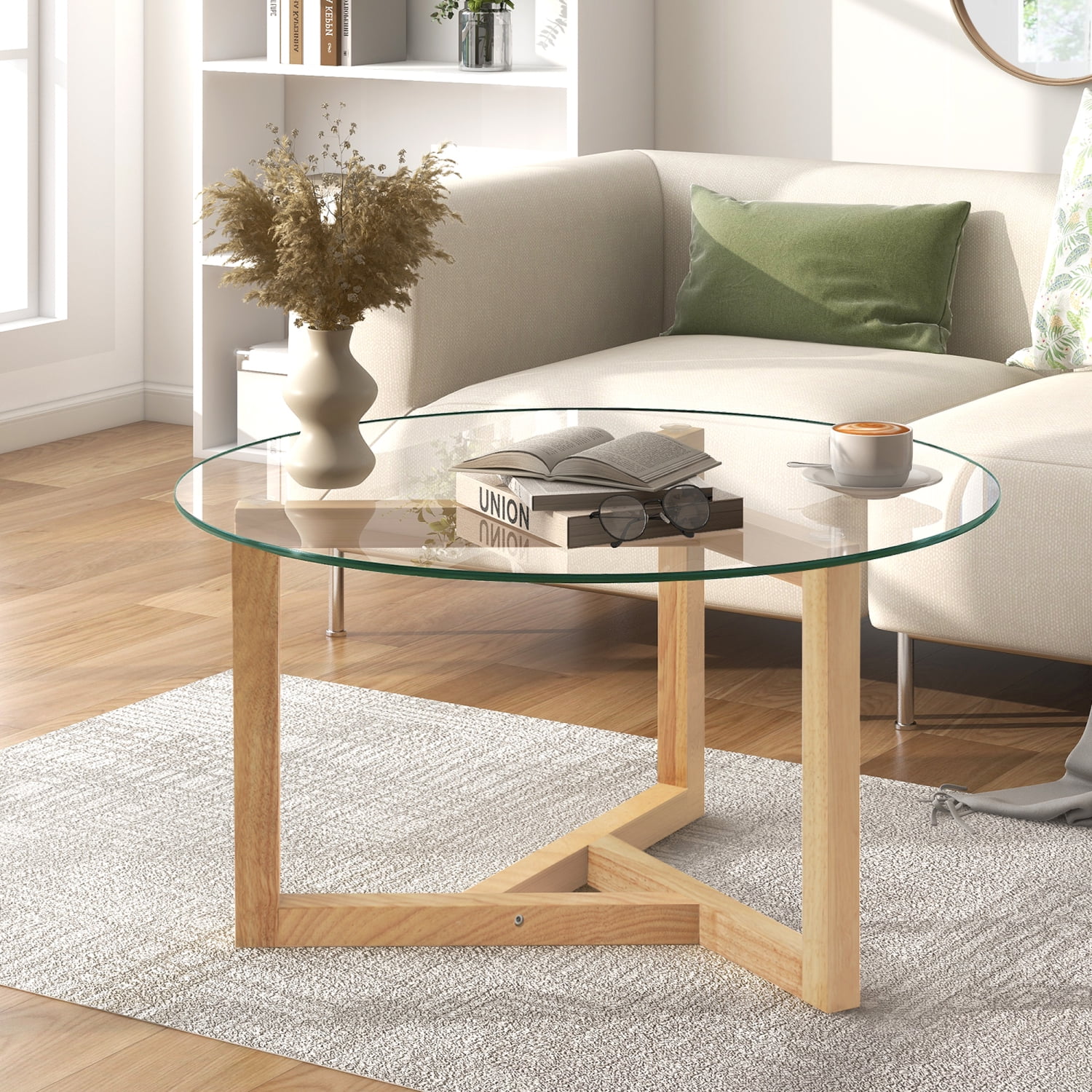 Lisonu Modern Round Glass Coffee Table, 35.4" Cocktail Table with ...