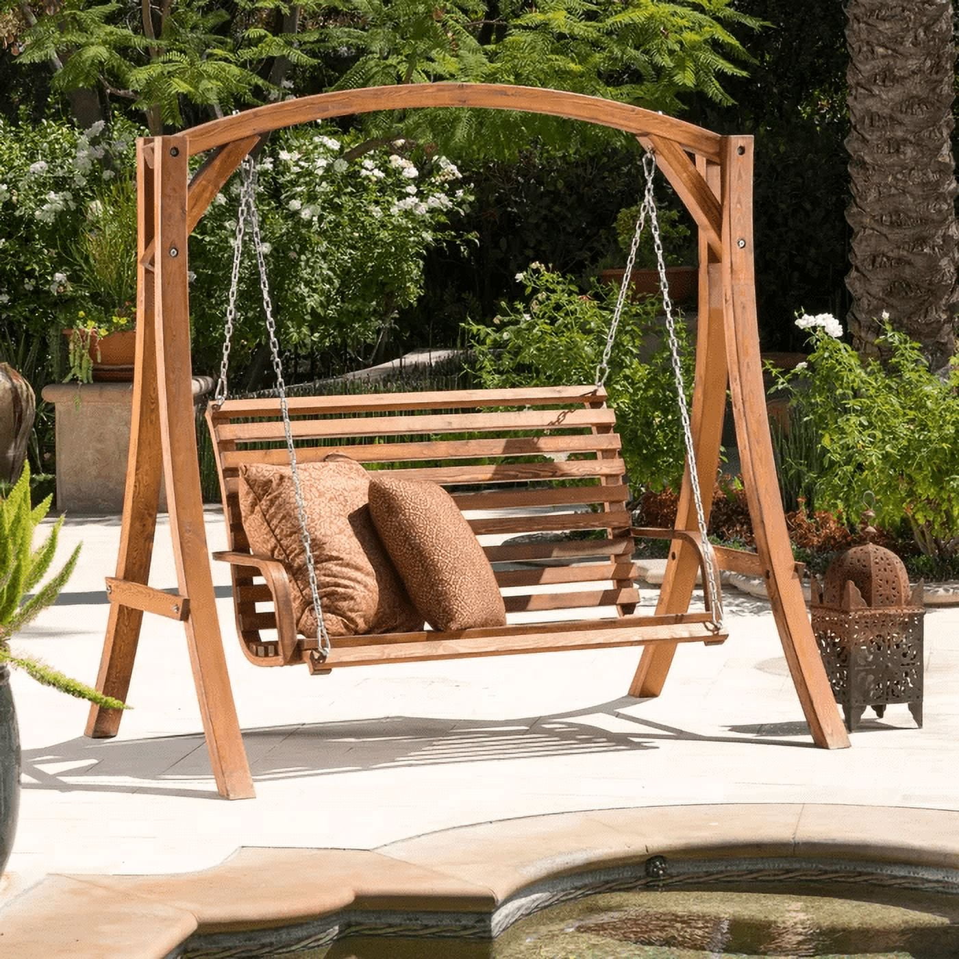Lisonu Outdoor Swing Loveseat with Stand, Larch Wood Porch Swing with A ...
