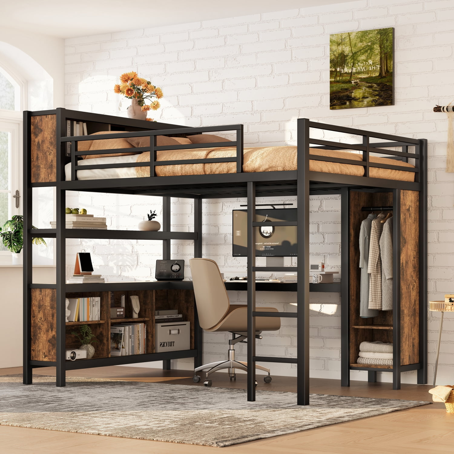 Lisonu Queen Loft Bed with L-Shaped Desk & Wardrobe, Heavy-Duty Metal ...