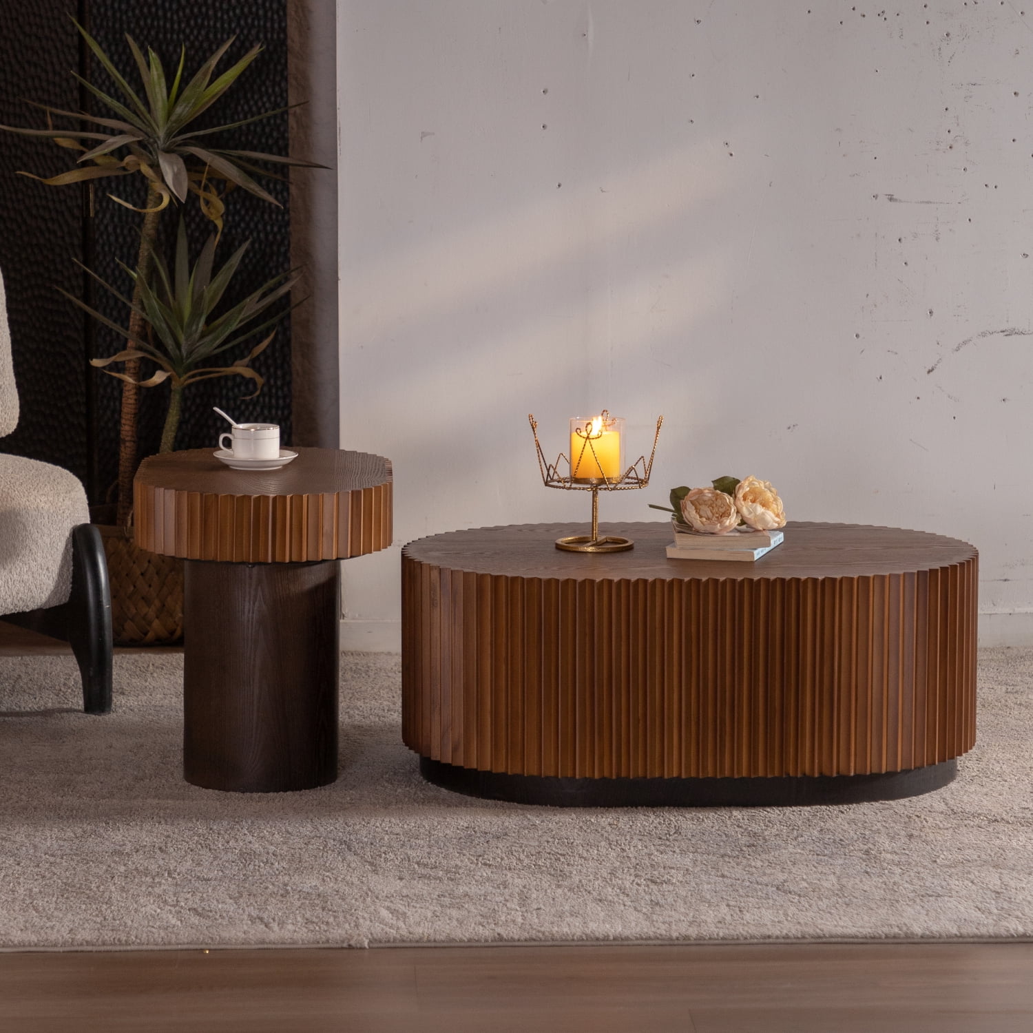 Lisonu Round Nesting Coffee Table Set of 2, Modern Fluted Side Tables ...