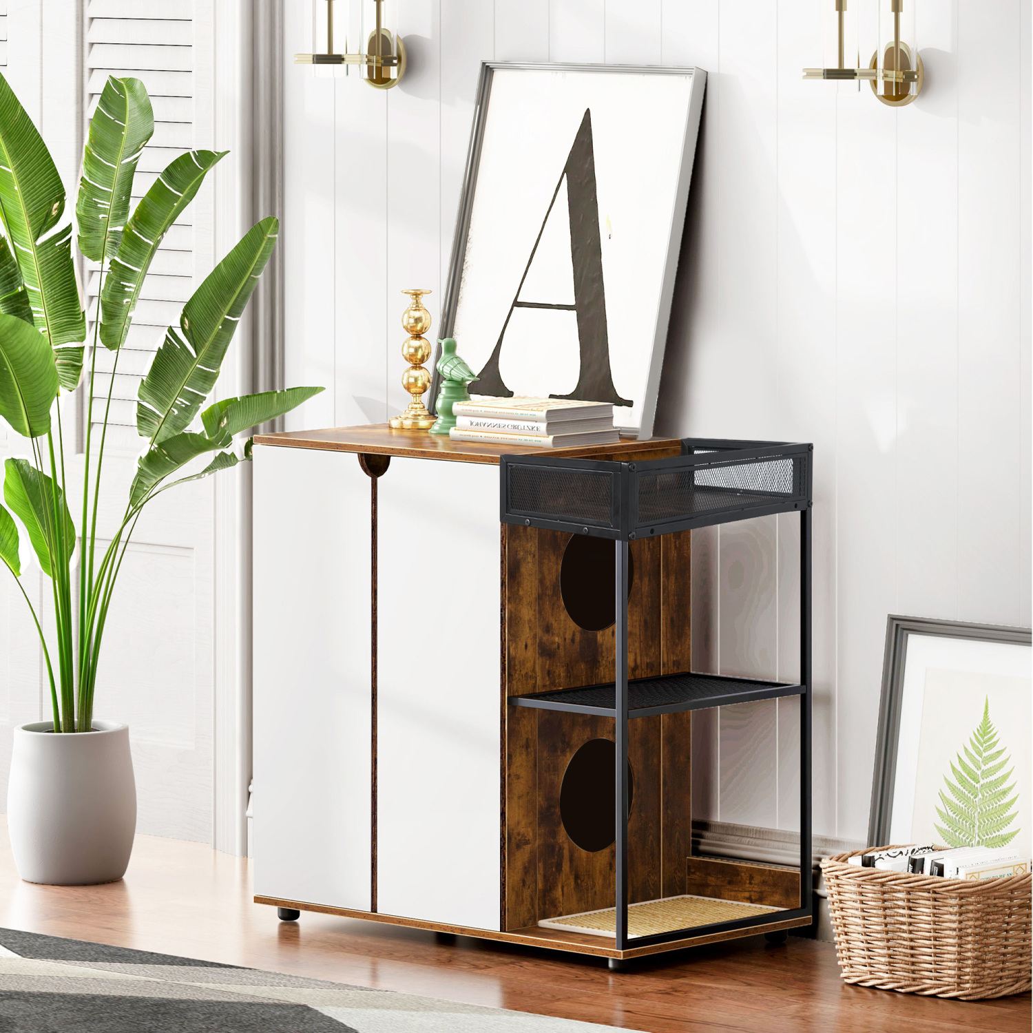 Lisonu Rustic Brown Double Cat Litter Box Furniture with Side Entrances, Two-Tier Enclosed Cat ...