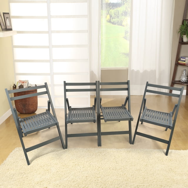 Lisonu Slatted Wood Folding Chairs, Set of 4, Gray Solid Wood Portable ...