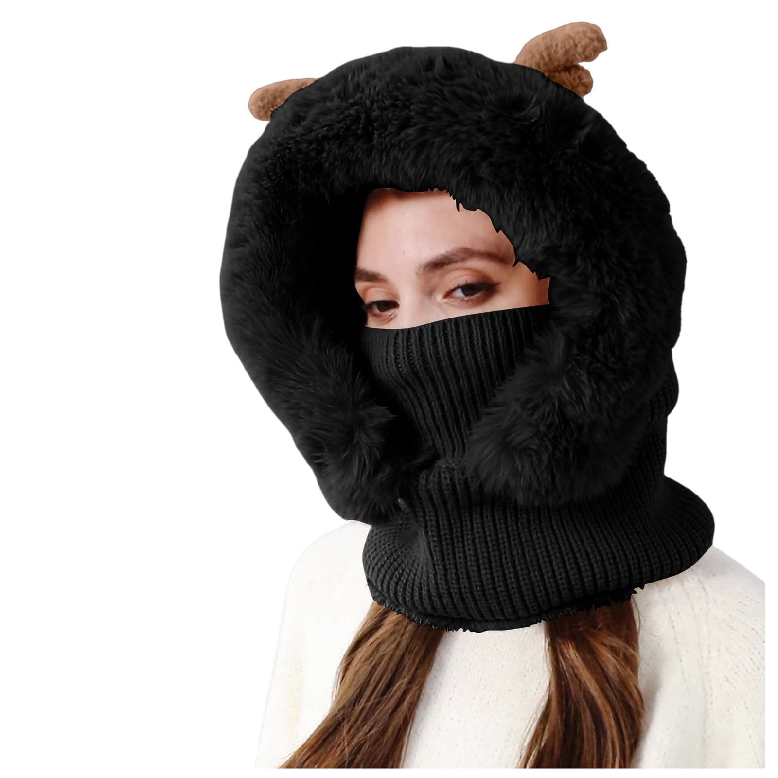 Lispipm Winter Knit Plush Hat for Women Cute Deer Horn Fleece Gaiter ...