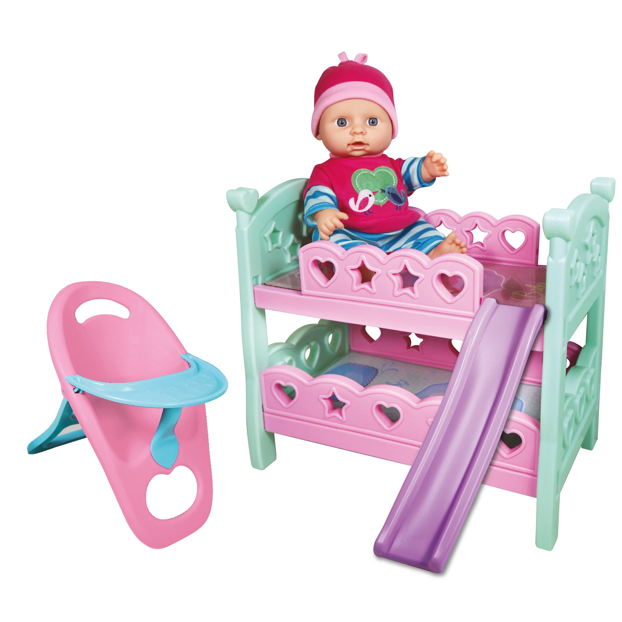 Lissi: 12" Doll Set: Bunk Bed & highchair - Pink, Green, Blue - 3pc ...