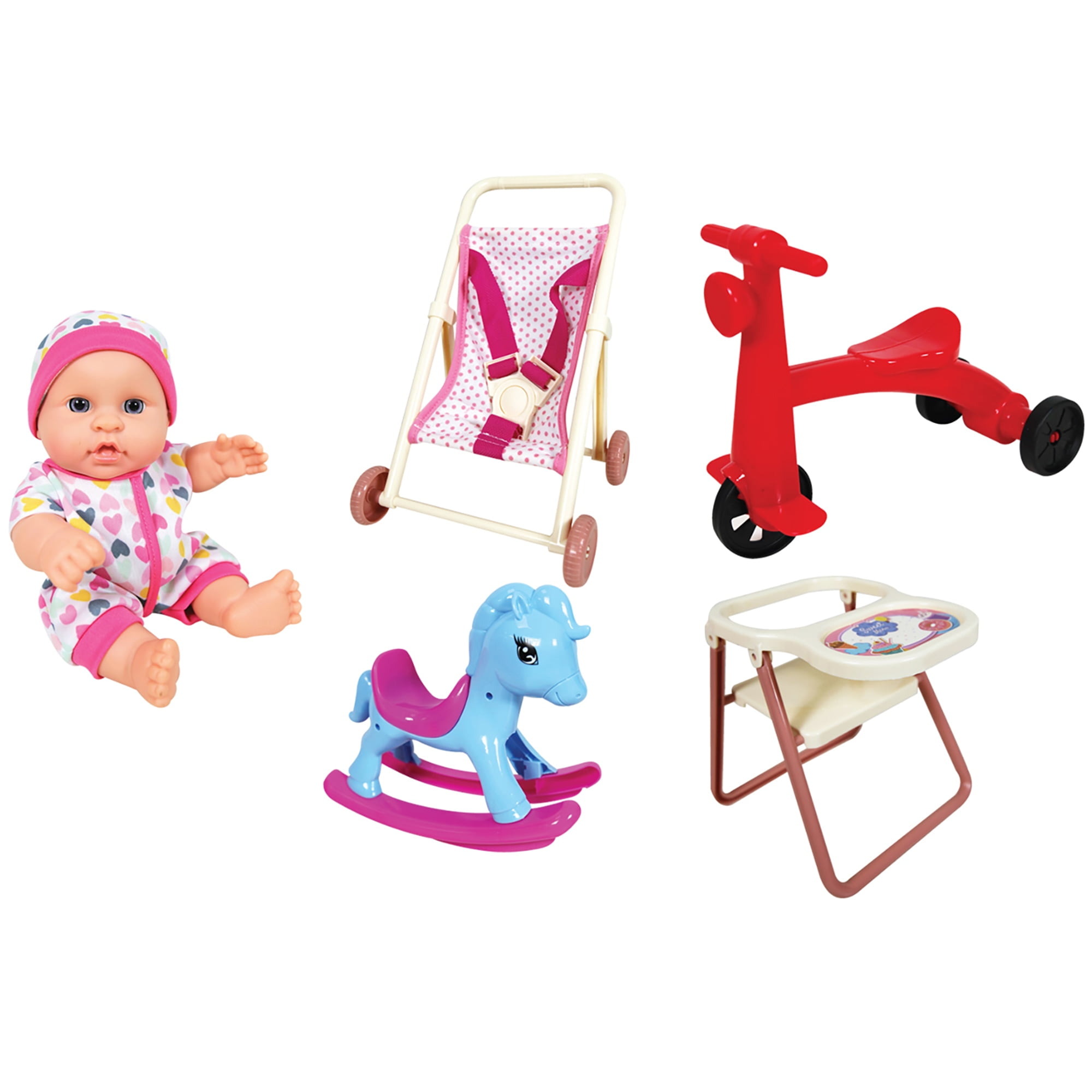 Lissi: 8" Baby Doll Set: Scooter, Pushchair, Rocking Chair & Highchair ...