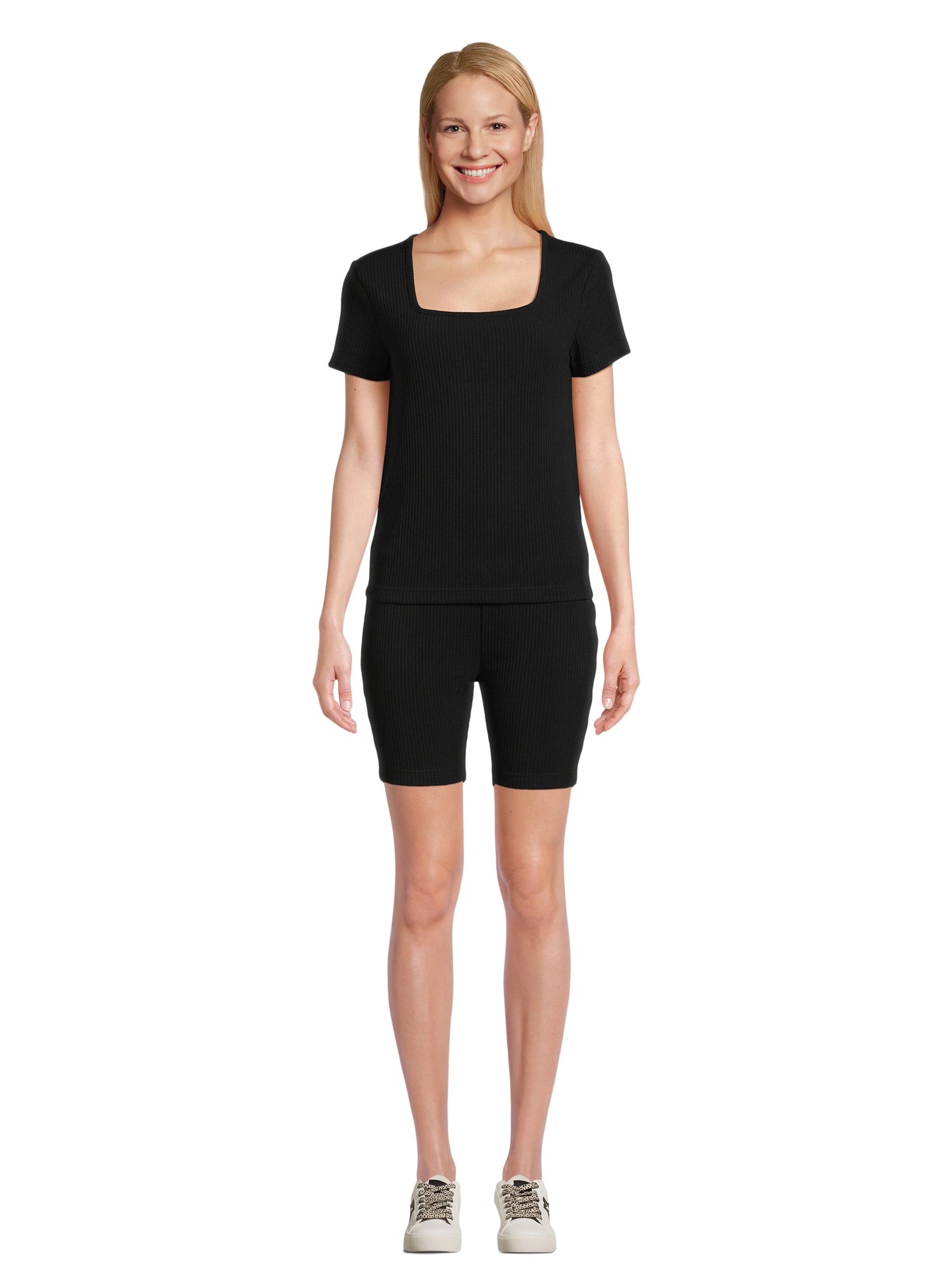 Lissome Women's Square Neck Hacci Ribbed Tee & Bike Shorts Lounge Set, 2-Piece, Sizes S-4X ...