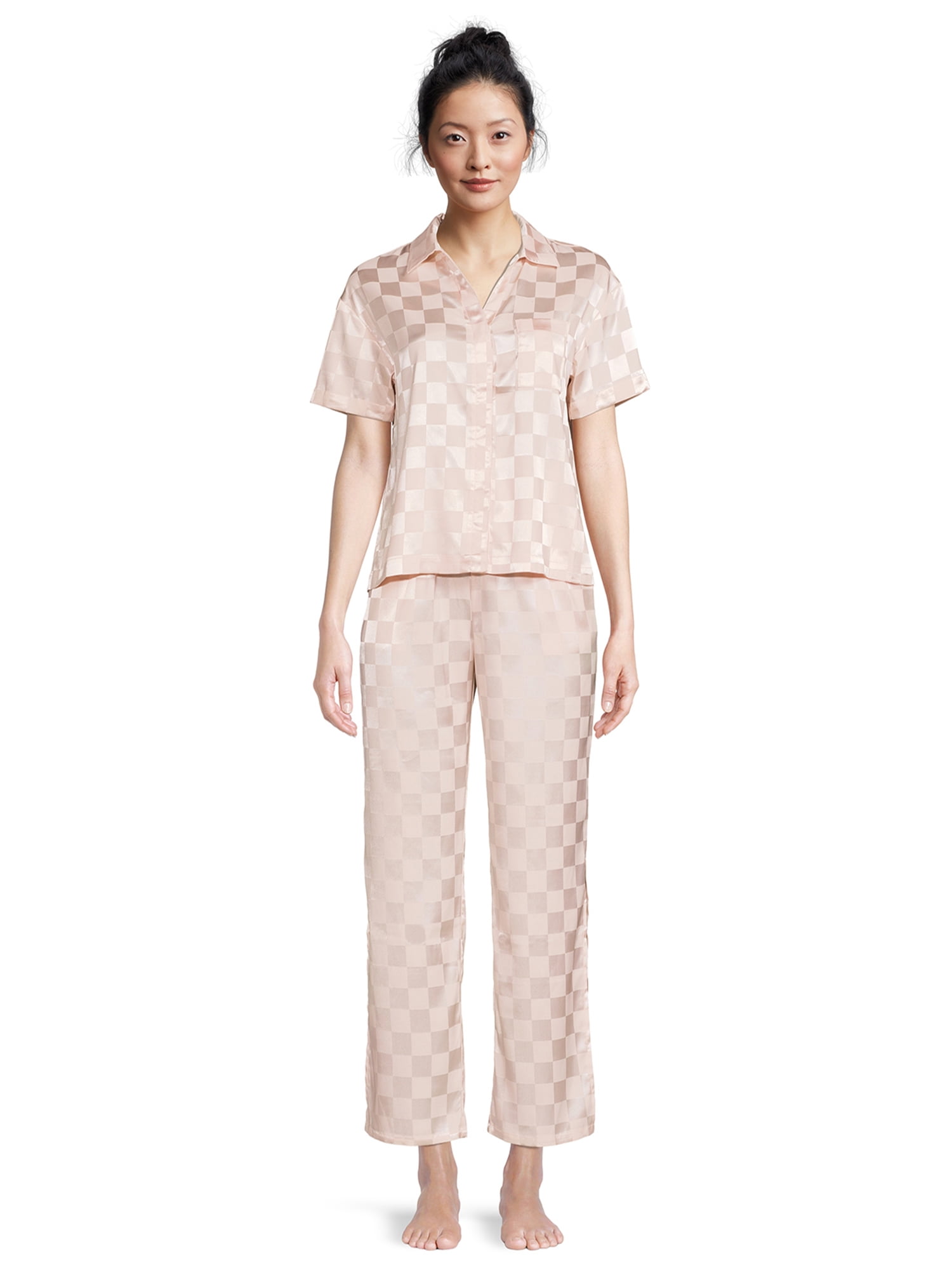 Lissome Women's and Women's Plus Satin Checkered Boxy Crop Top and Pants Sleep Set, 2-Piece ...