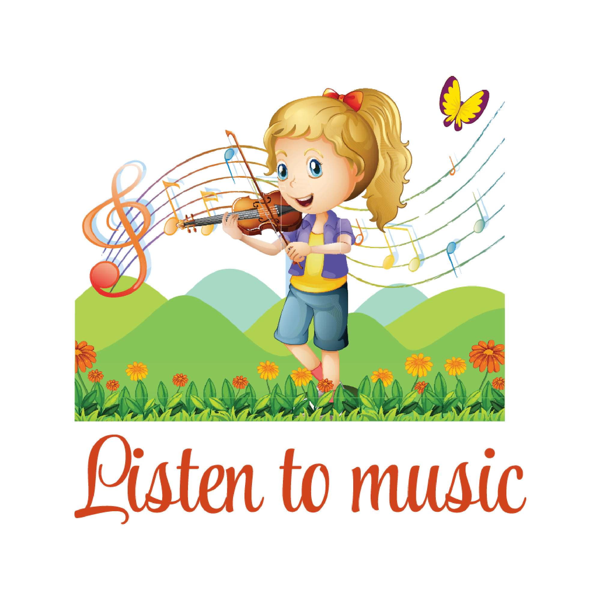 Listen To Music Cute Cartoon Little Girl playing Violin wall Design ...