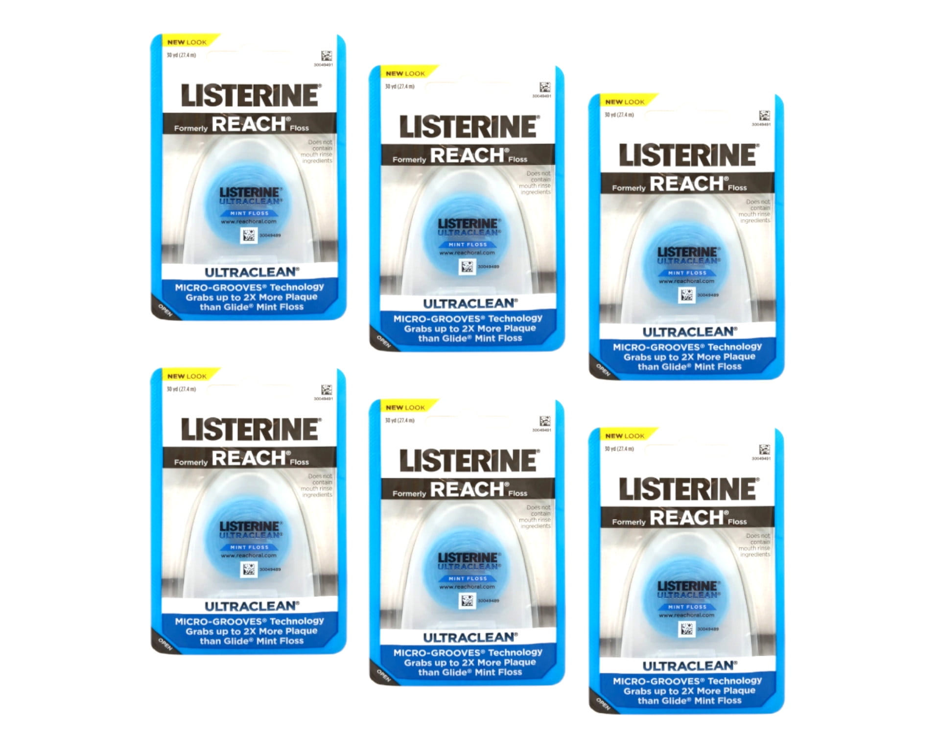 Listerine Ultraclean Mint Floss, 30 Yards, Pack of 6, Ribbed Surface ...