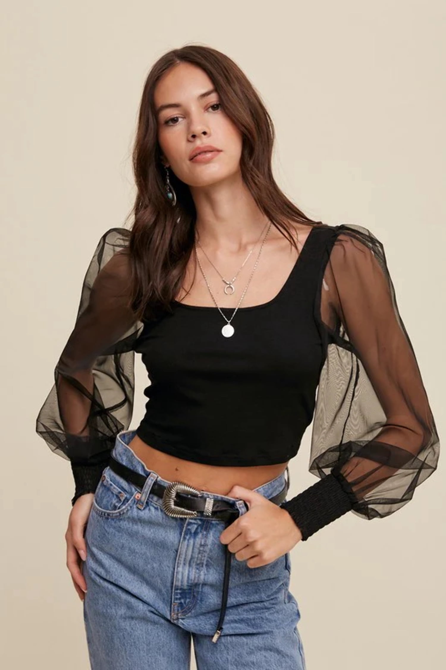 Listicle Chic Square Neck Mesh Puff Sleeve Knit Top - Rosa Apparel ...