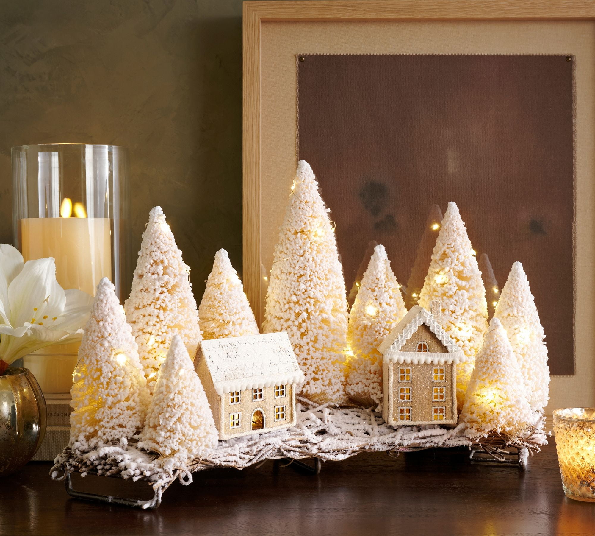 Lit Bottlebrush Winter Town Centerpiece - 21 Inch Lighted Winter ...