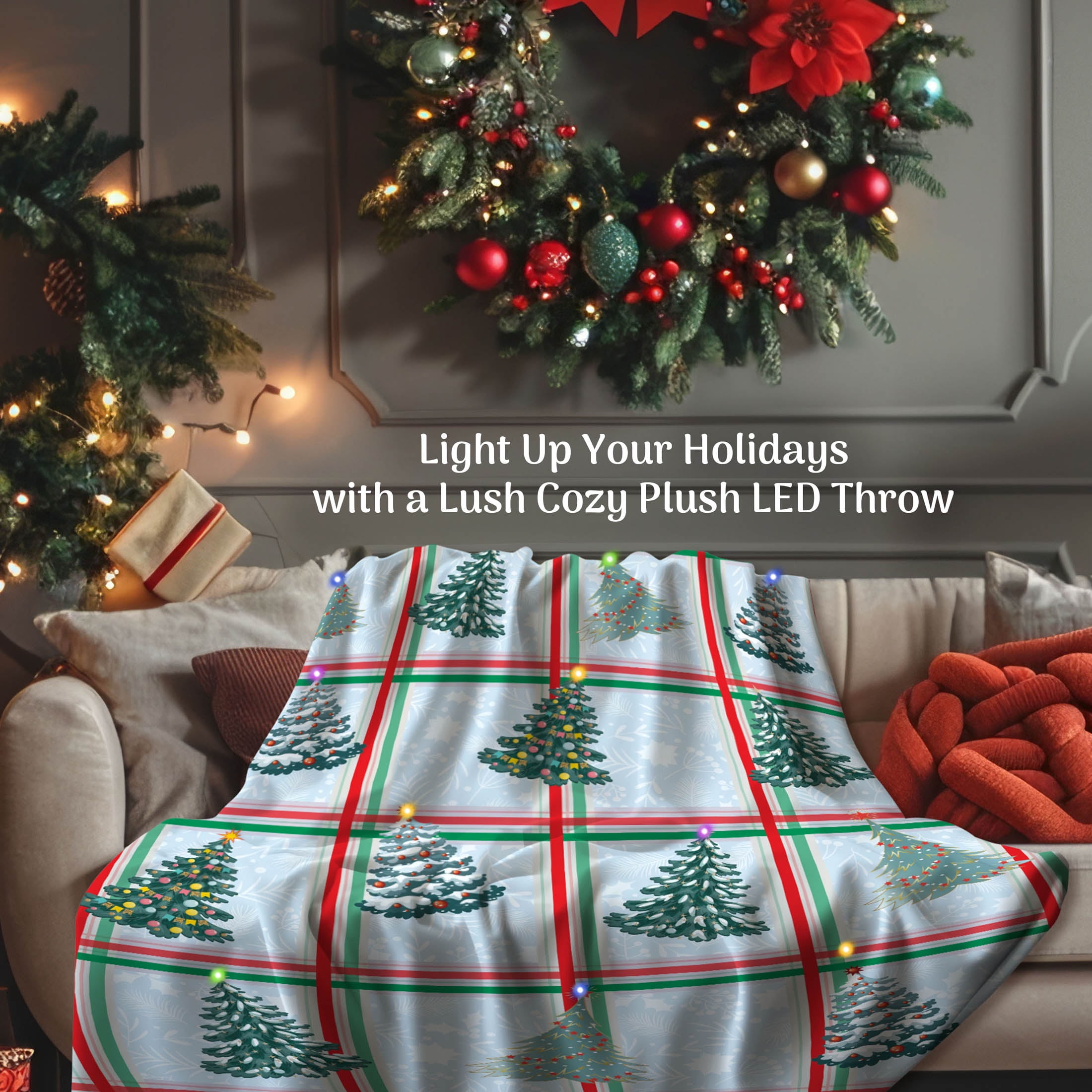 Lit Holiday LED Throw, Christmas Tree Blanket with Soft Fabric and 3 ...