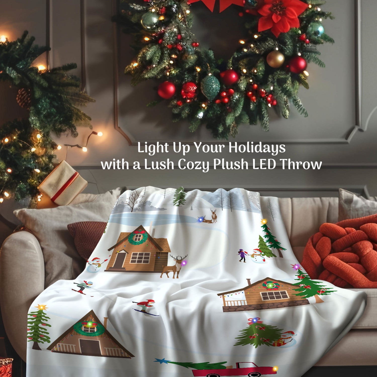 Lit Holiday LED Throw, Christmas Village Blanket with Soft Fabric, 3 ...