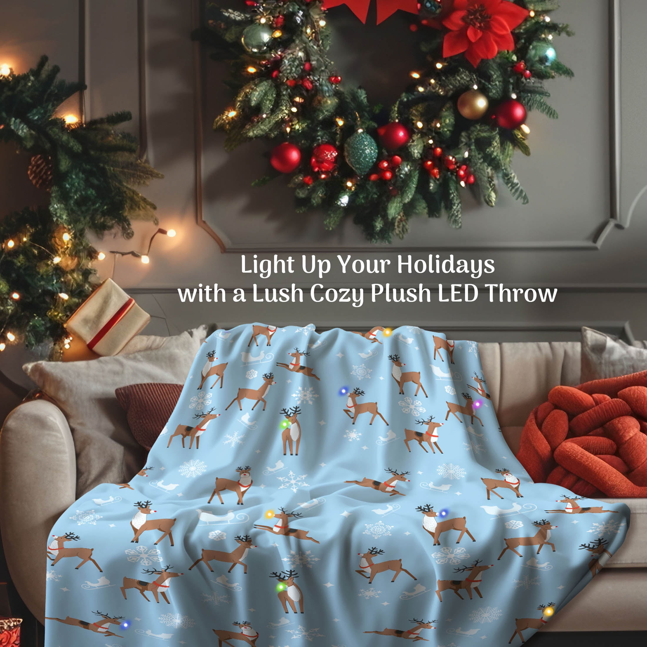 Lit Holiday LED Throw, Reindeer Christmas Blanket with Soft Fabric and ...