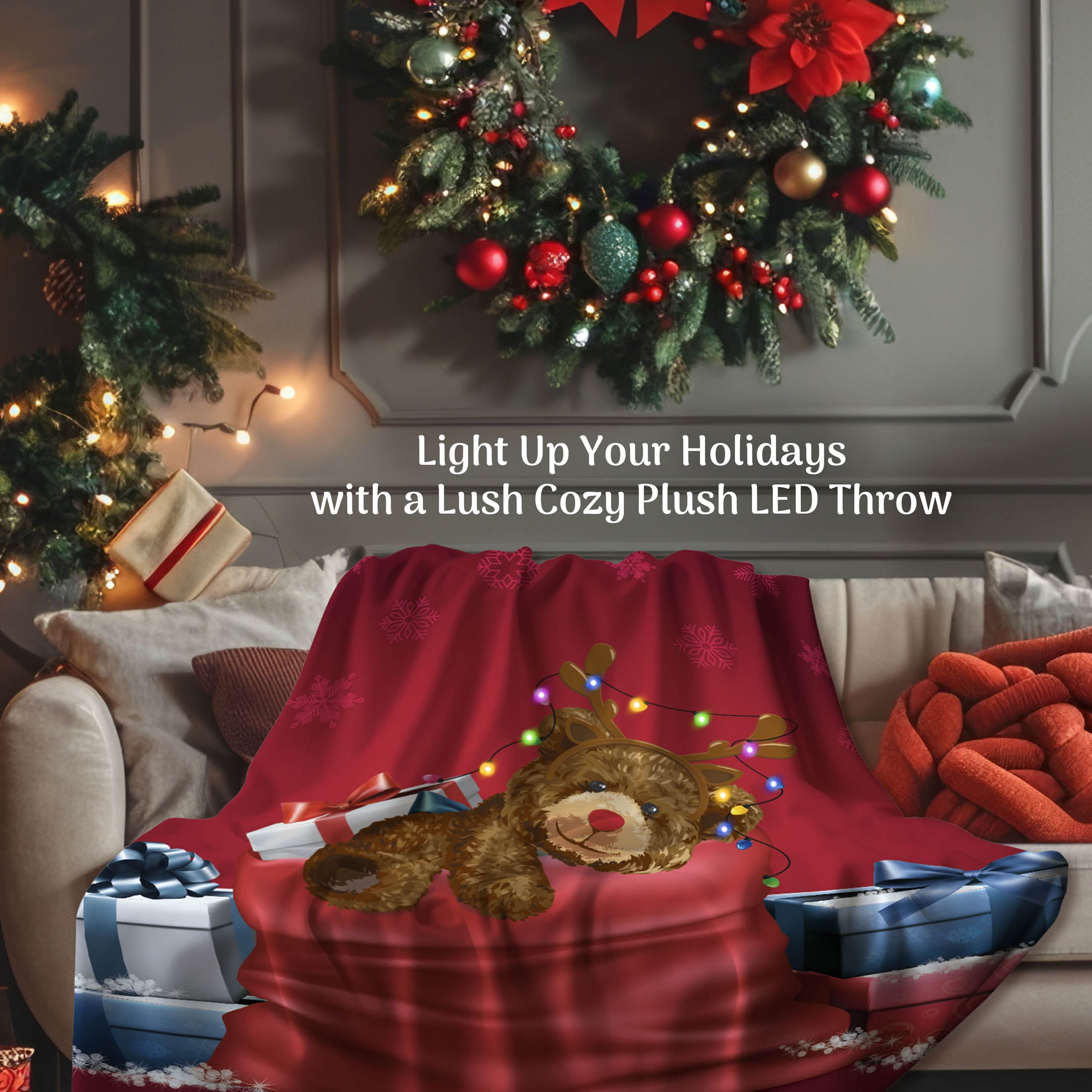 Lit Holiday LED Throw, Teddy Bear Christmas Blanket with Soft Fabric ...