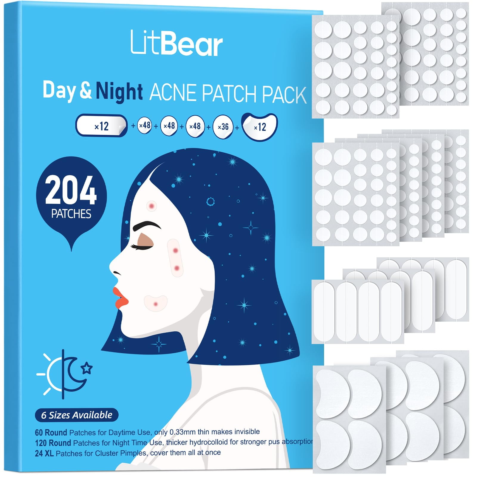 LitBear Acne Pimple Patches- Day and Night 6 Sizes 204 Dots Thin ...