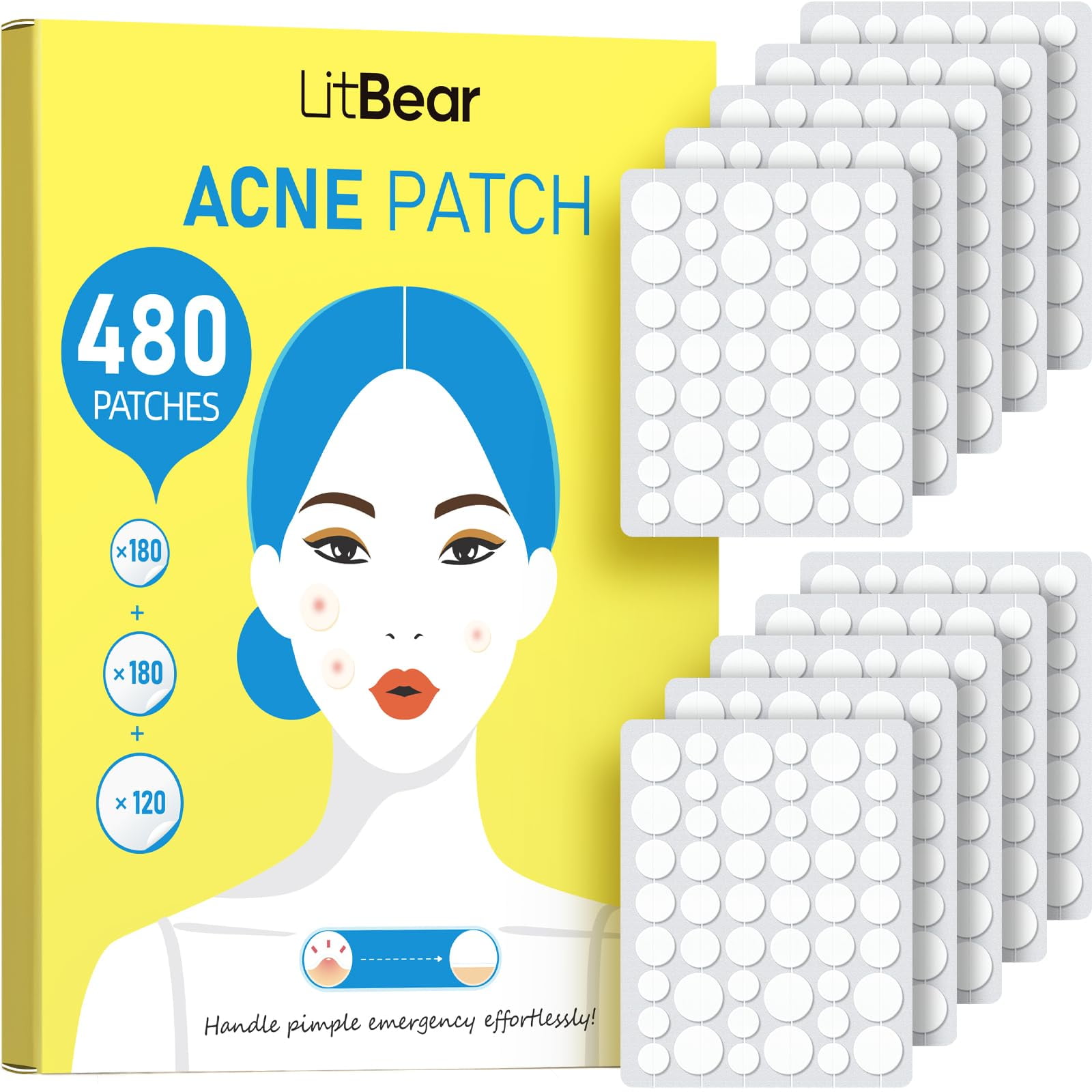 LitBear Pimple Patch Bulk, 480 Patches 3 Size Acne Patches for Face ...