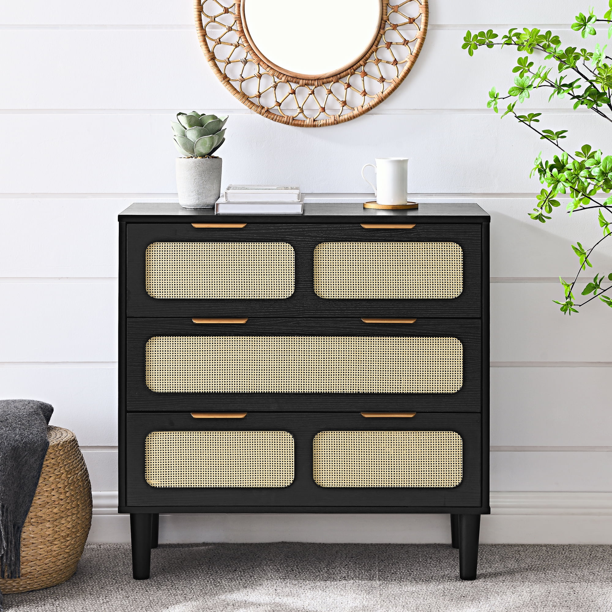 Litake 3 Rattan Drawer Dresser with 3 Wide Drawers, Metal Handles ...